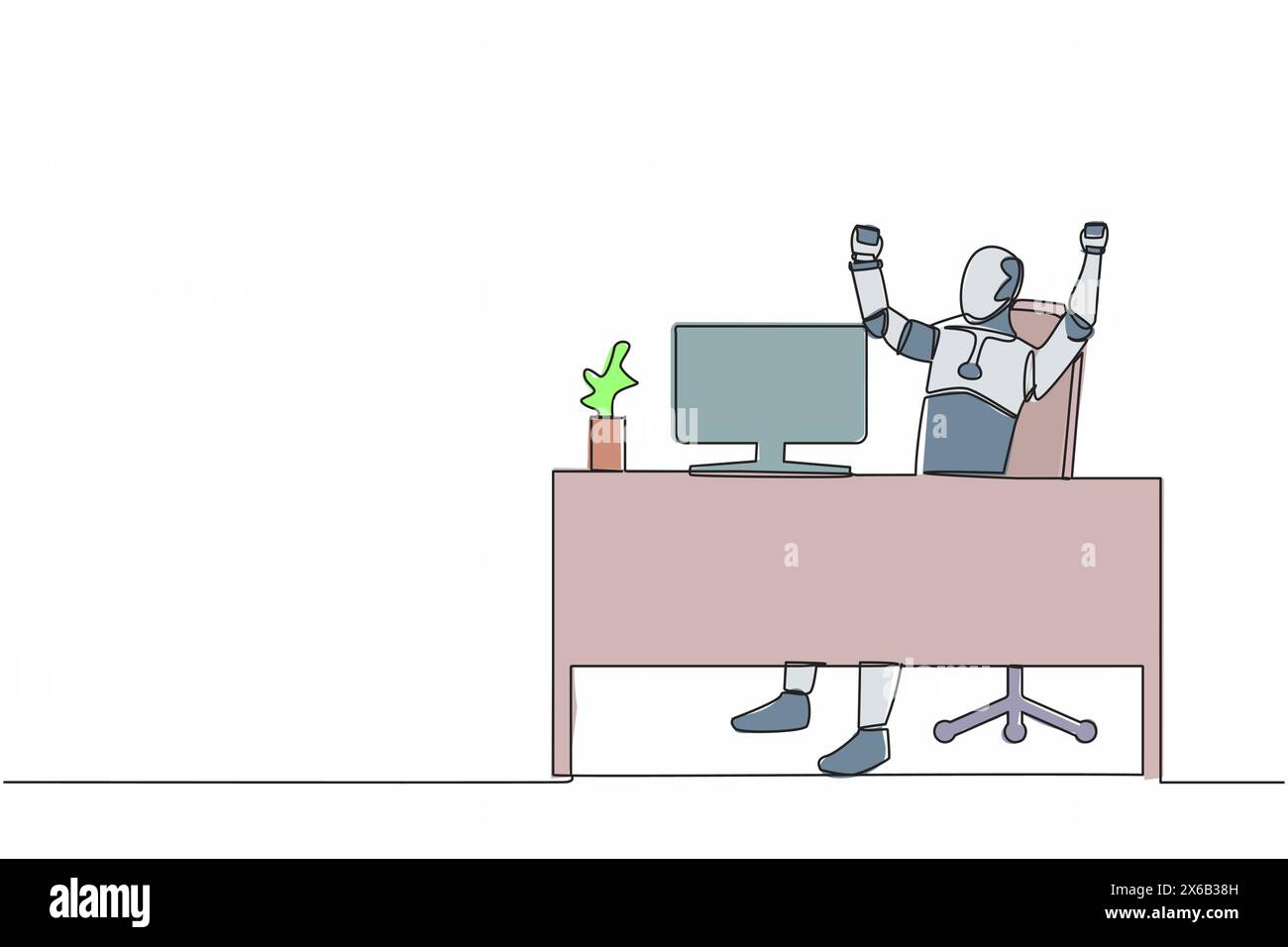 Single one line drawing happy robot sitting with raised hands near desk ...