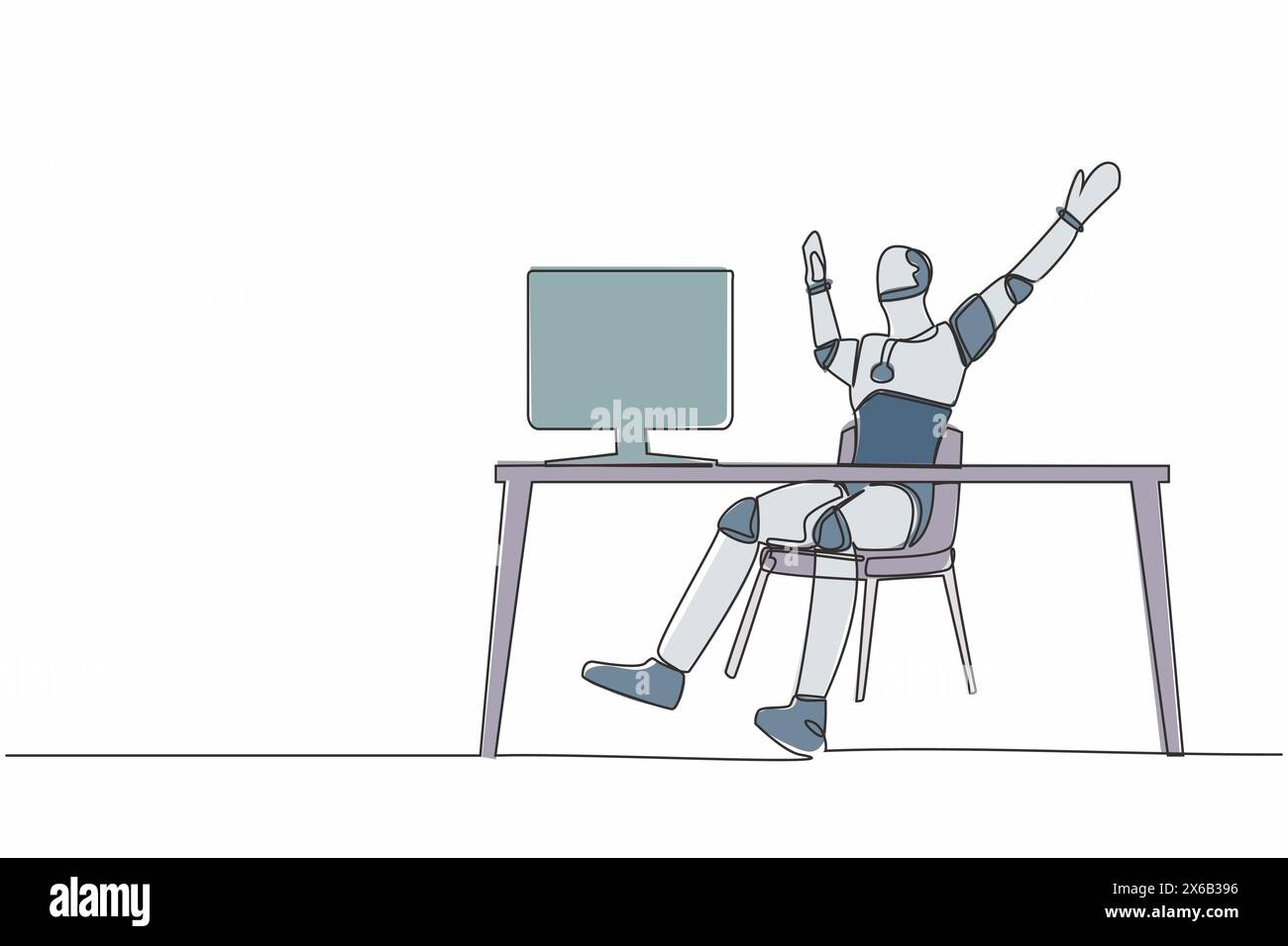 Single one line drawing happy robot sitting with raised hands near desk ...