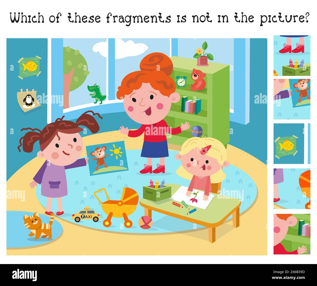 Cute girls in kindergarten. Find hidden fragments. Game for children ...