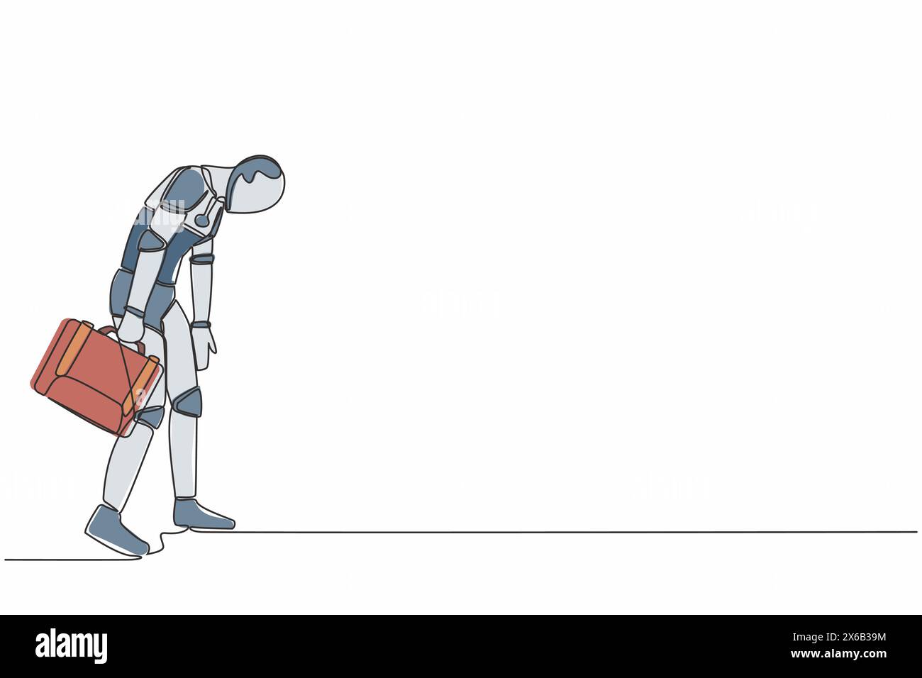 Single one line drawing robot looking down, holding briefcase ...