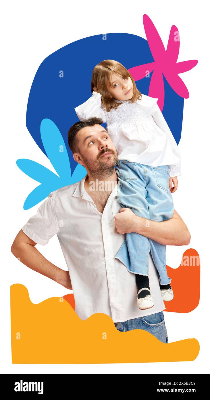 Poster. Contemporary art collage. Father and daughter share whimsical ...