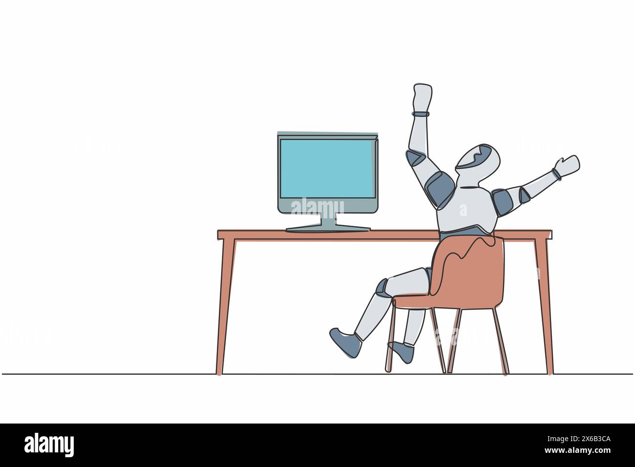 Continuous one line drawing back view of happy robot completed task and ... Continuous one line drawing back view of happy robot completed task and ...