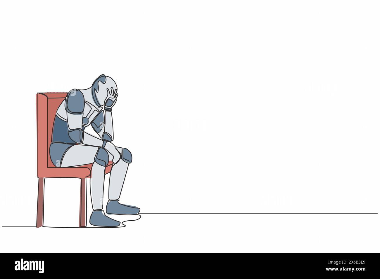 Continuous one line drawing robot hold his head sitting on chair ...