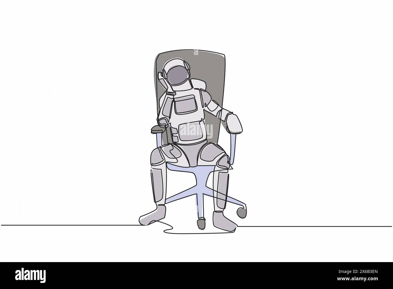 Single continuous line drawing young astronaut sitting at office chair ...