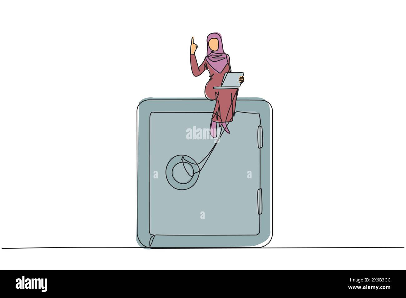 Single continuous line drawing Arabian businesswoman sitting on big ...