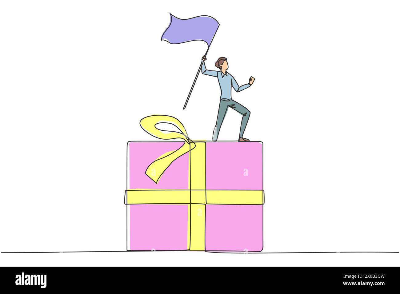 Single one line drawing of businessman standing on giant gift box ... Single one line drawing of businessman standing on giant gift box ...