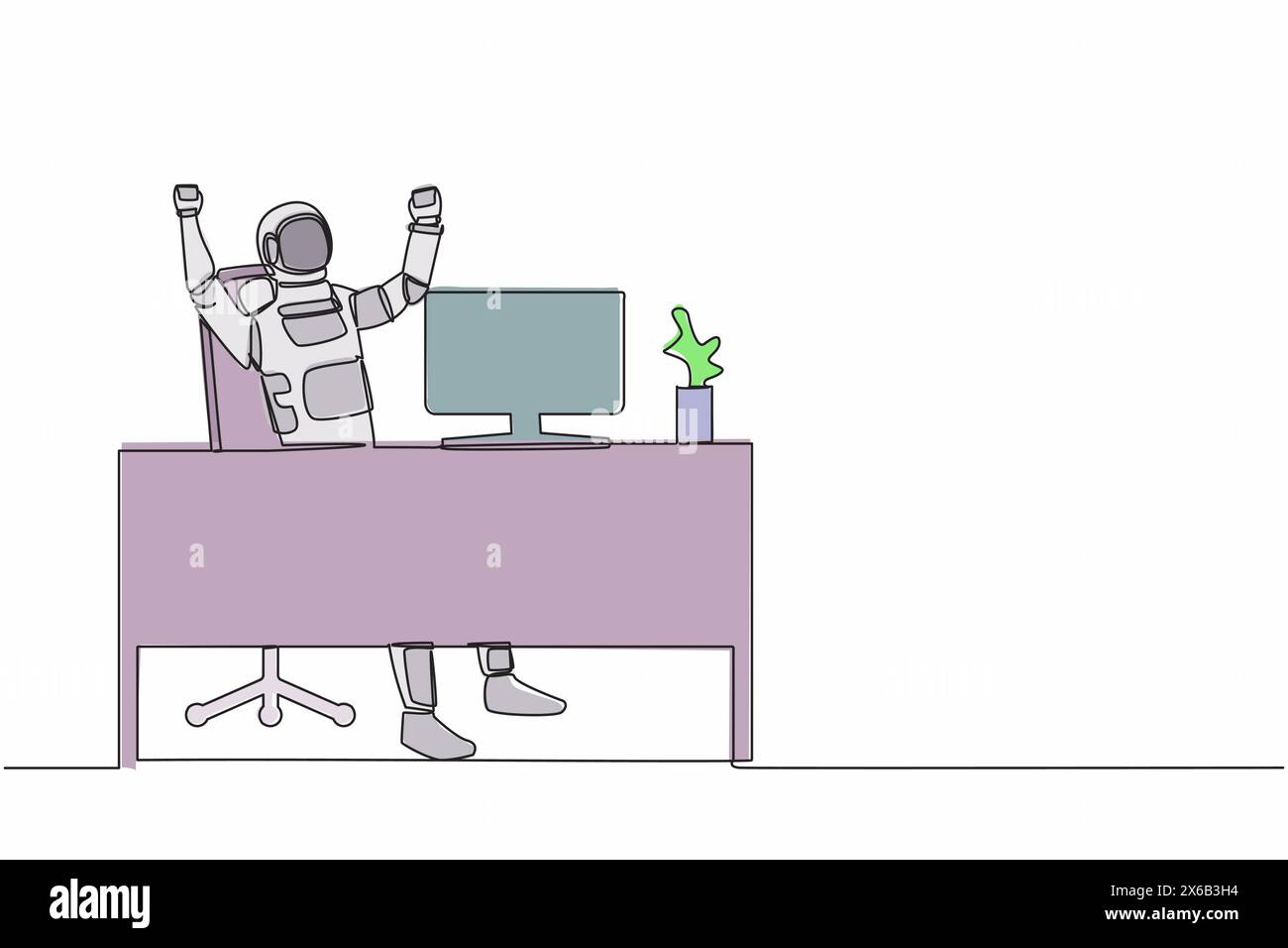 Single one line drawing happy astronaut sitting with raised hands near ...