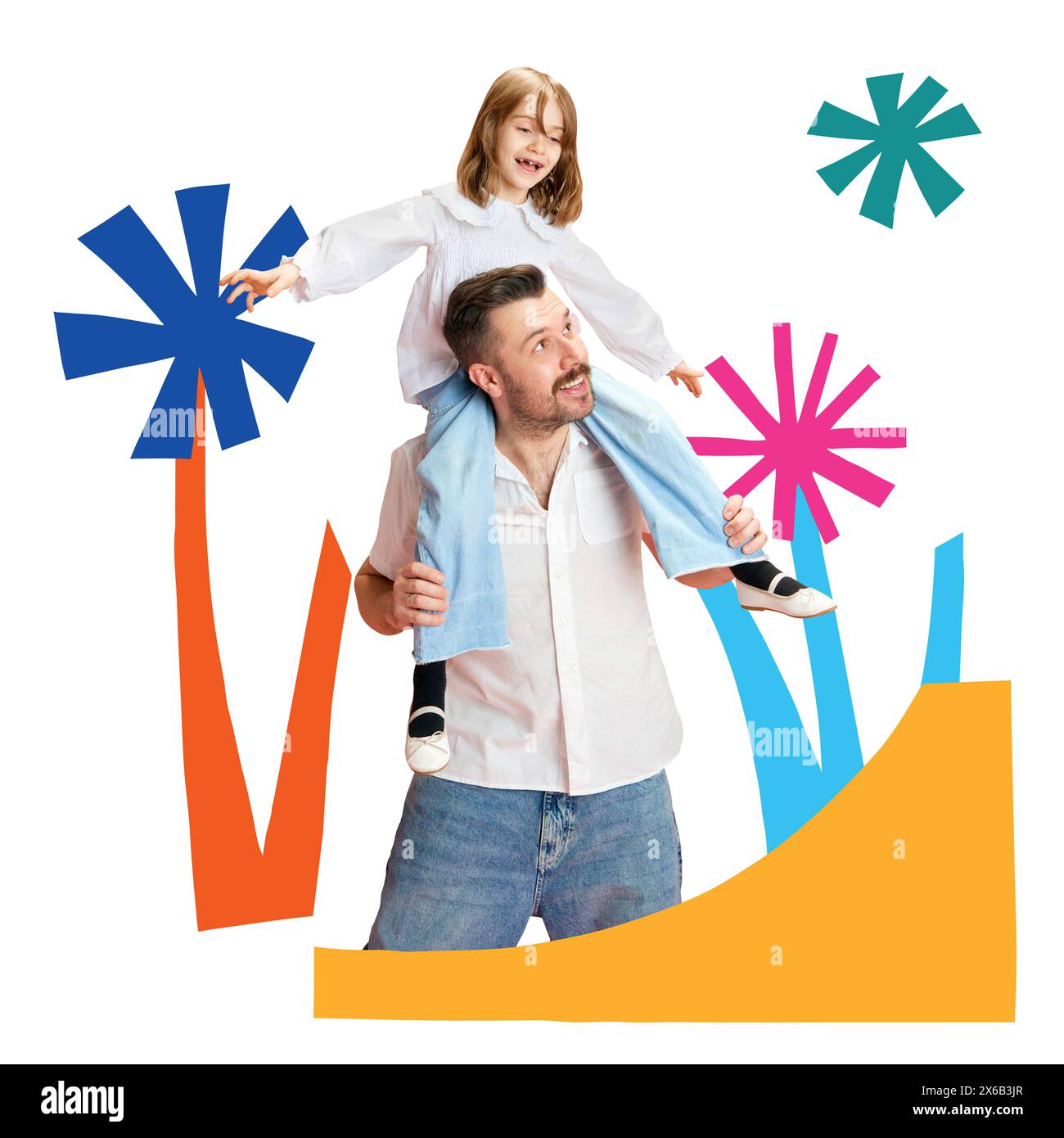 Poster. Contemporary art collage. Father and daughter playfully connect ...