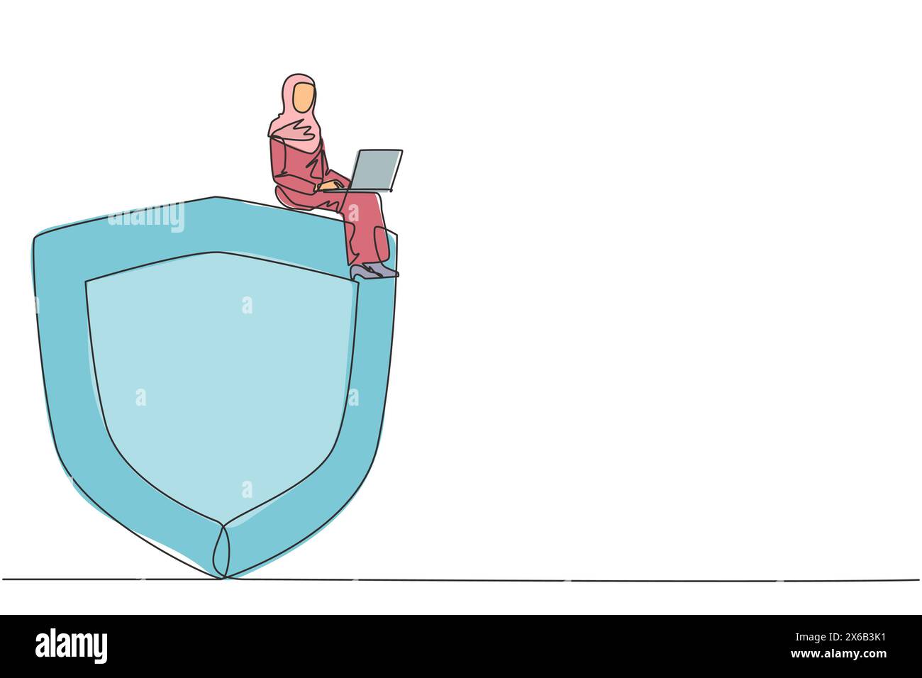One single line drawing Arabian businesswoman sitting on giant shield ...