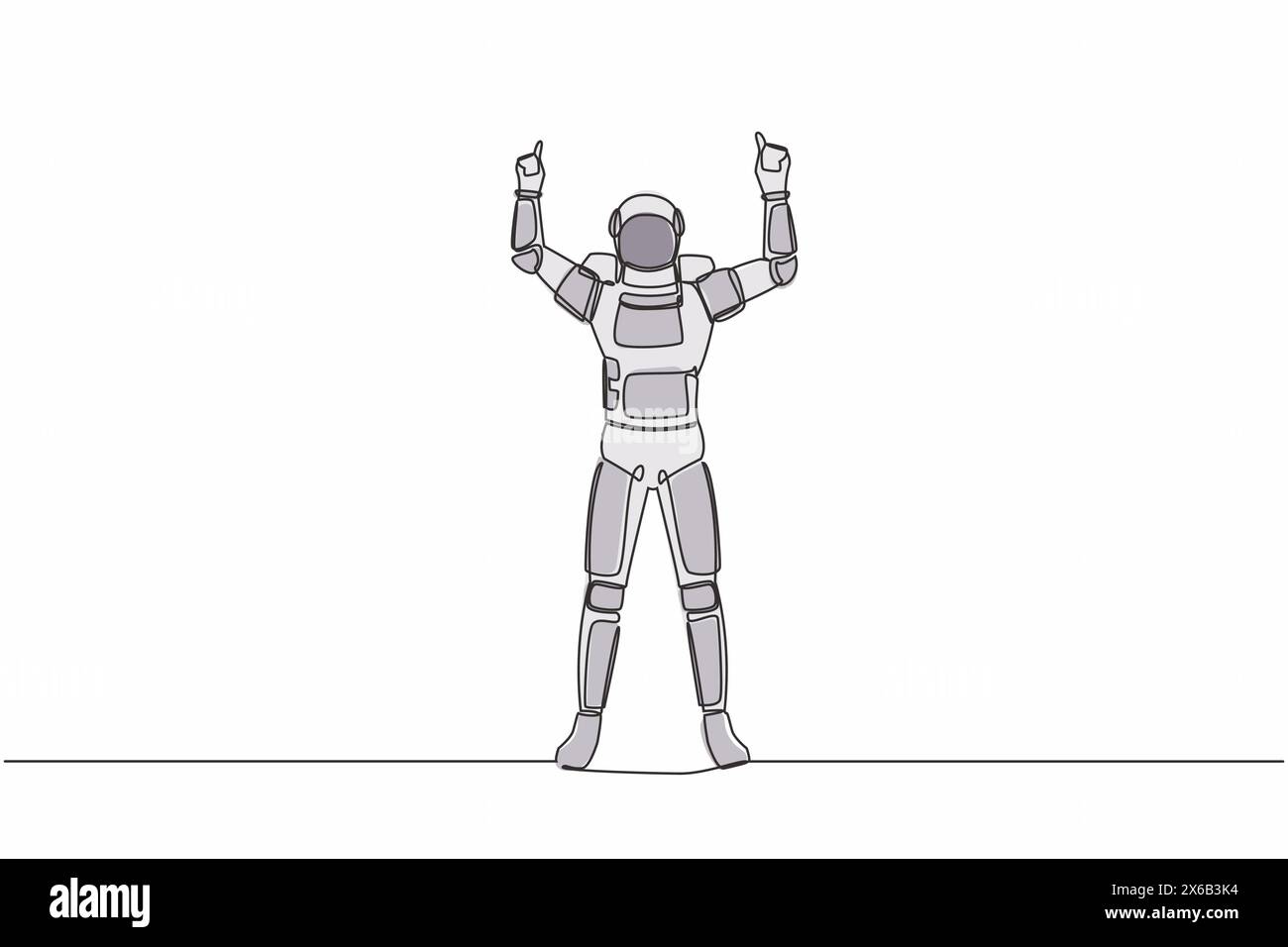 Single continuous line drawing happy astronaut standing with both hand ...