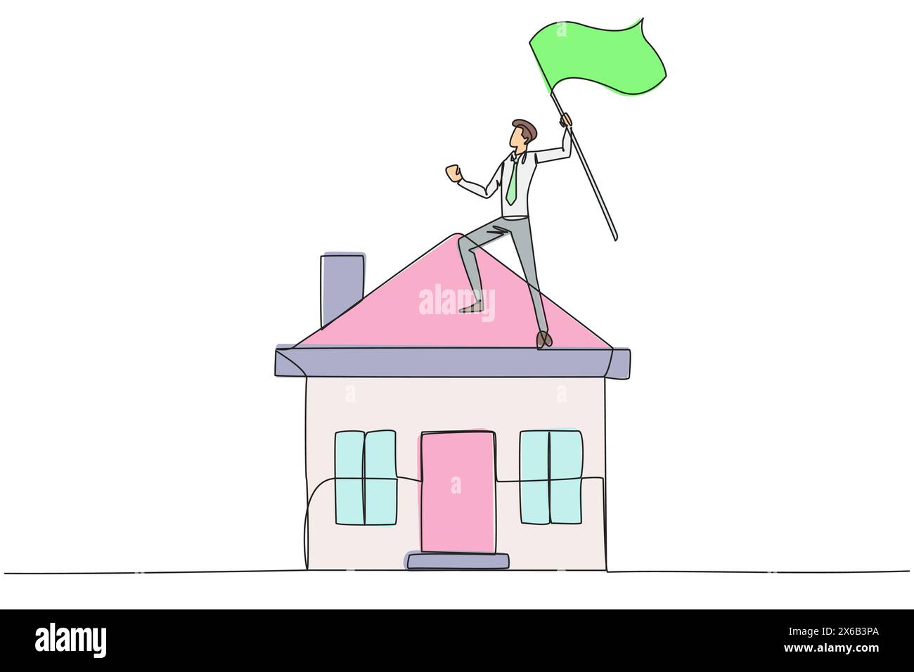 Continuous one line drawing of young businessman standing on miniature ...