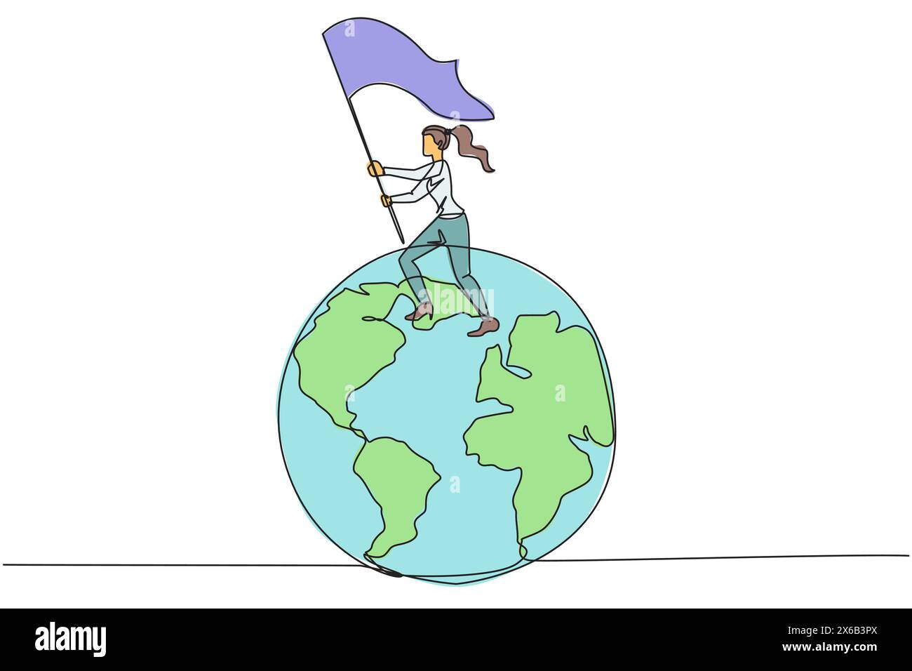 Single one line drawing of successful businesswoman standing on giant ...