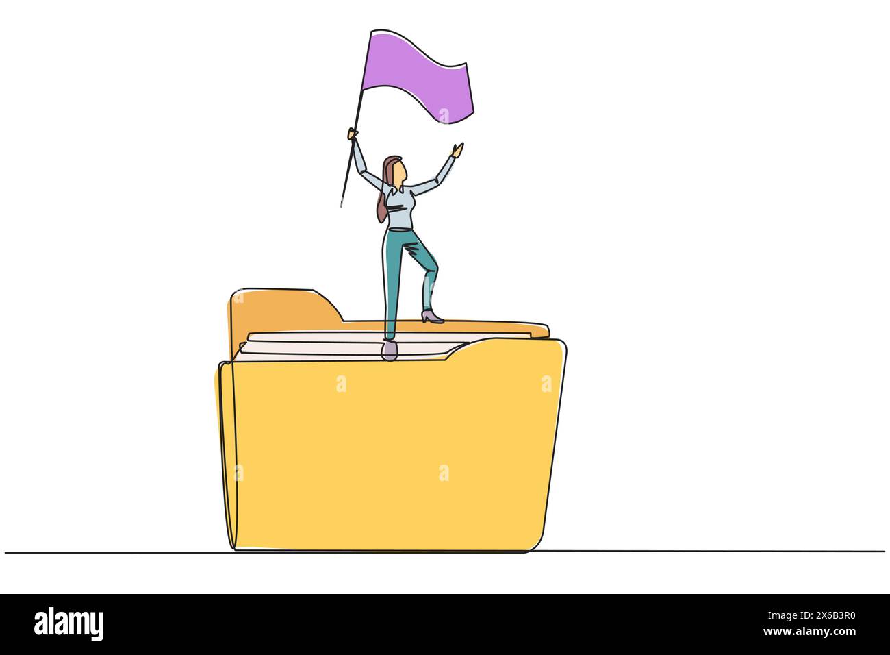 Continuous one line drawing of businesswoman standing on giant folder ...