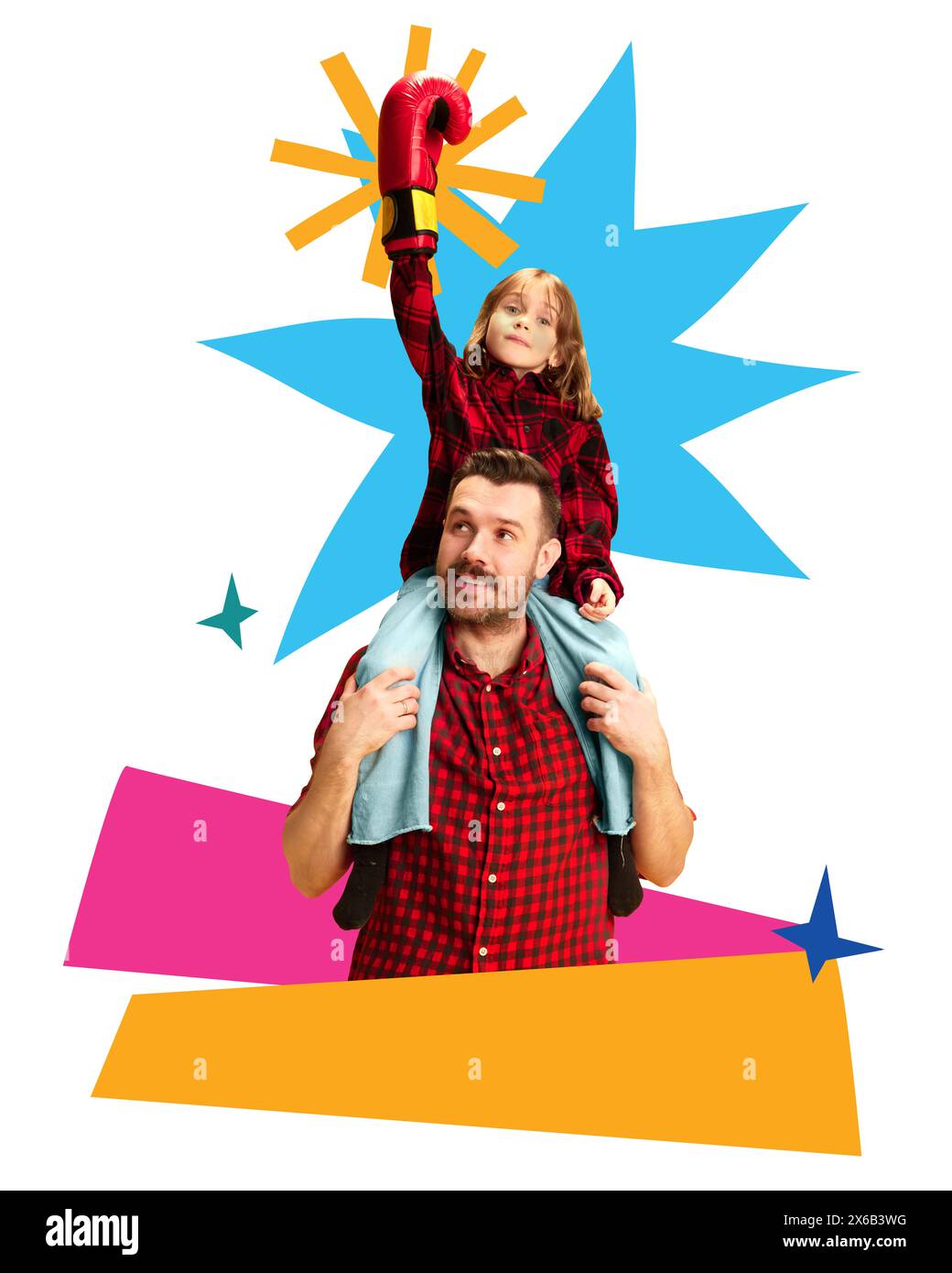 Poster. Contemporary art collage. Daughter sitting on father's ...