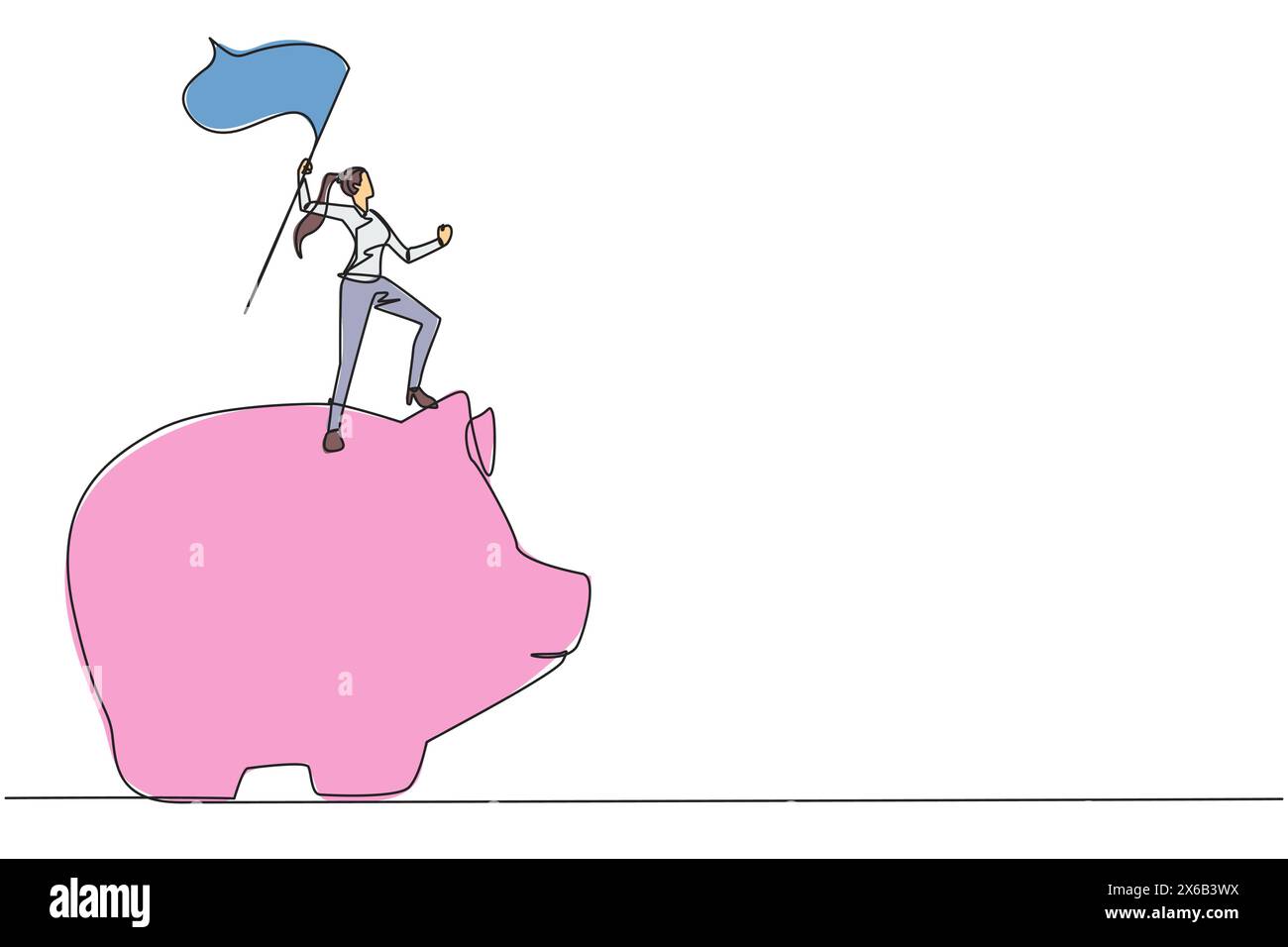 Single one line drawing of successful businesswoman standing on giant ...