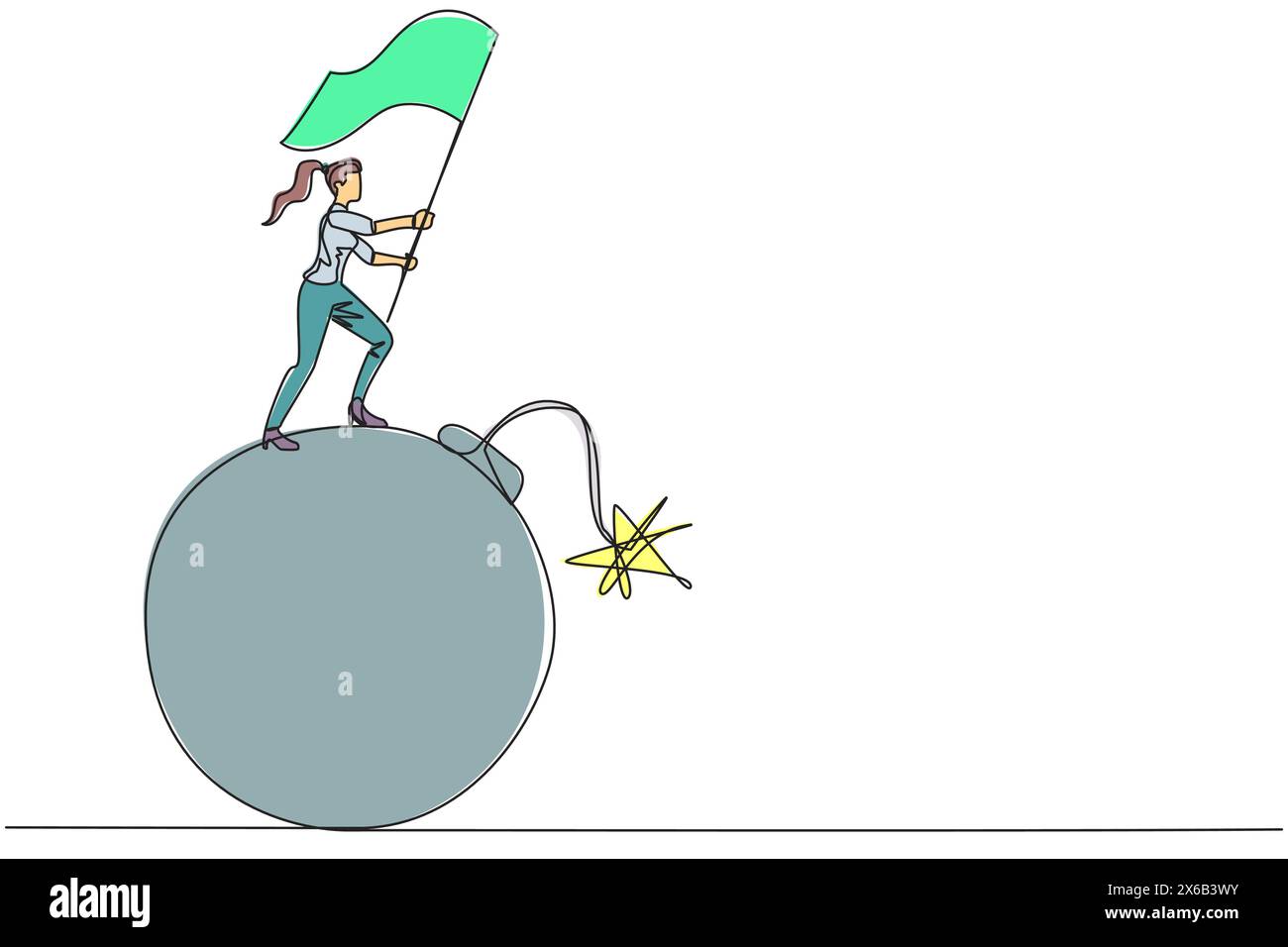 Continuous one line drawing of young businesswoman standing on large ...