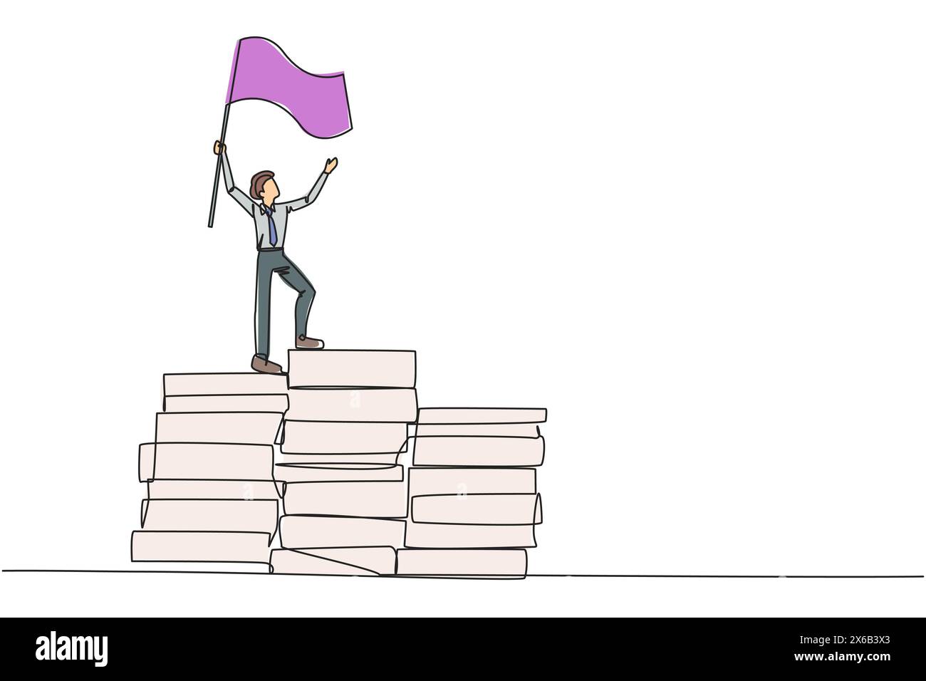 Continuous one line drawing of young businessman standing on piles of ...