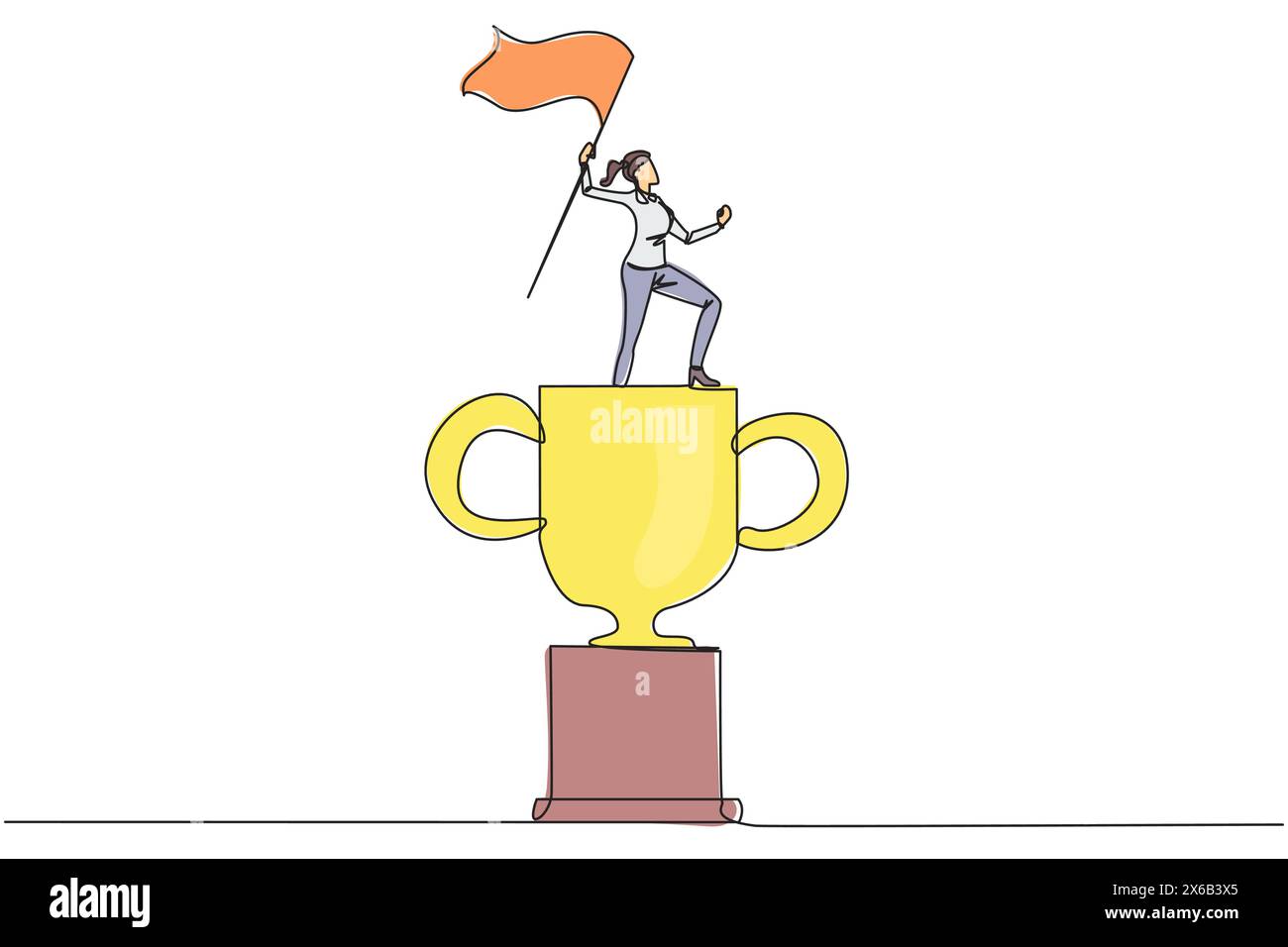 Illustration of businesswoman winner raising flag on winning trophy ...