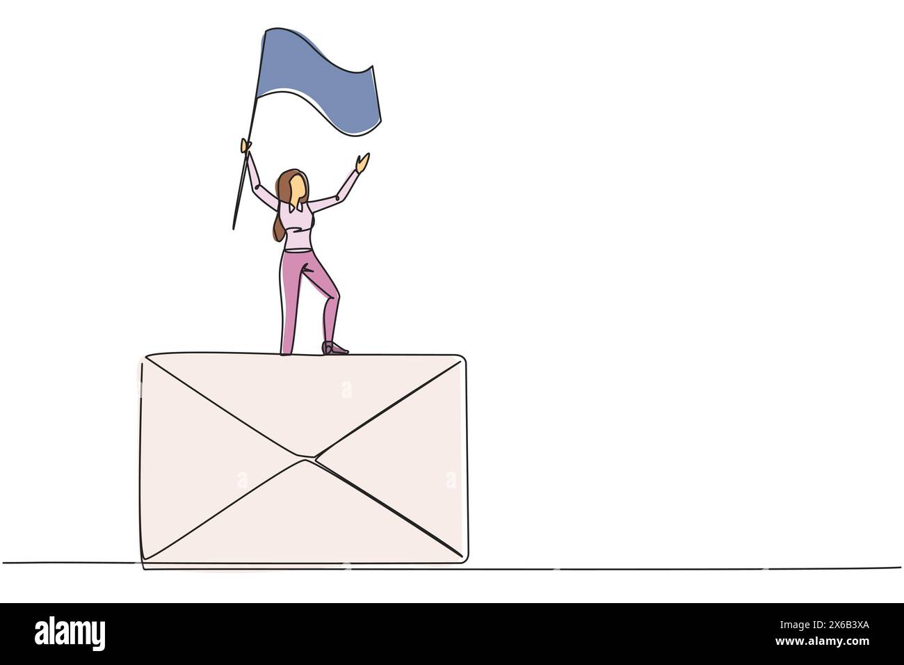 Continuous one line drawing of young businesswoman standing on giant ...