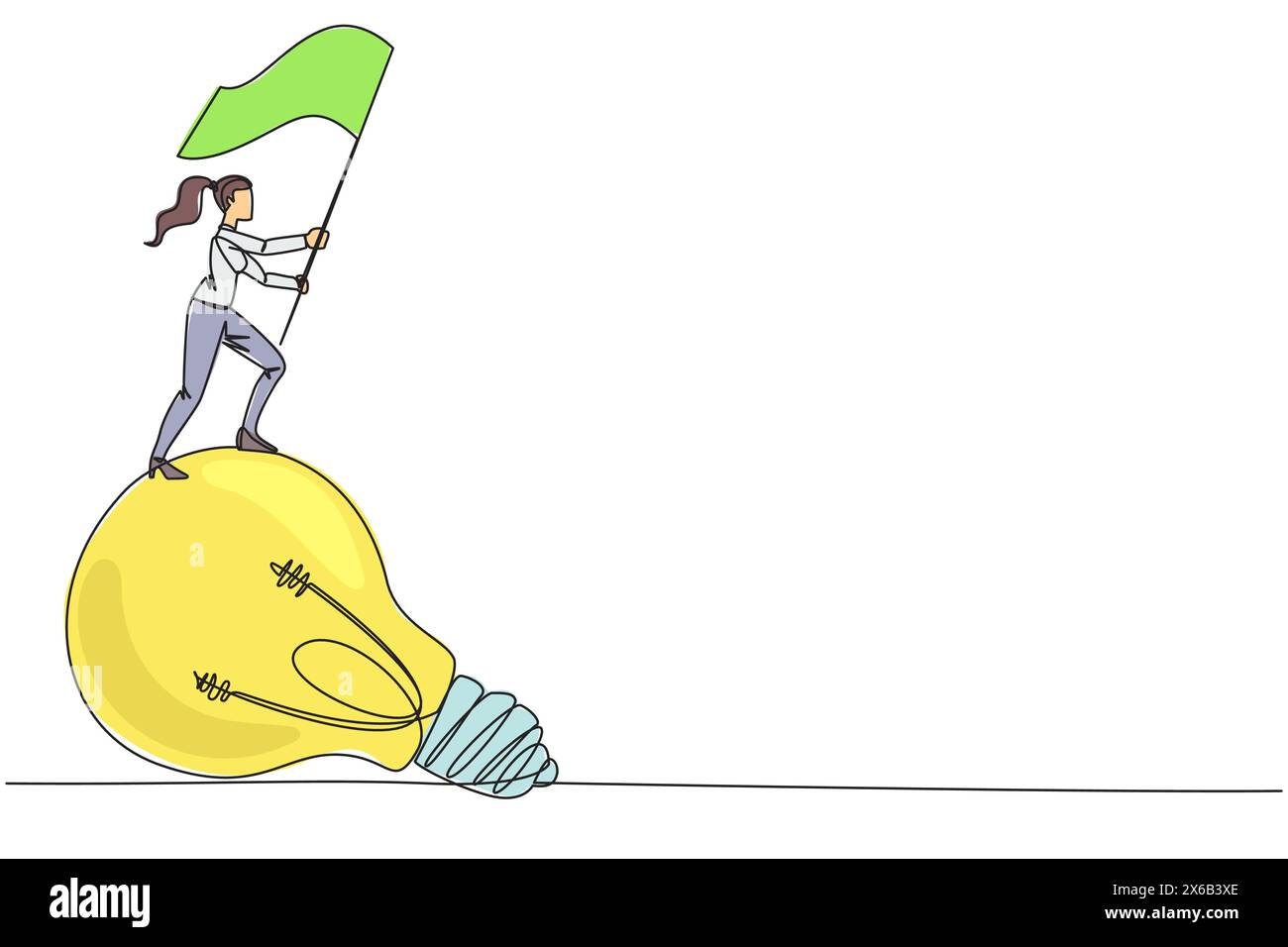 Continuous one line drawing of young businesswoman standing on giant ...