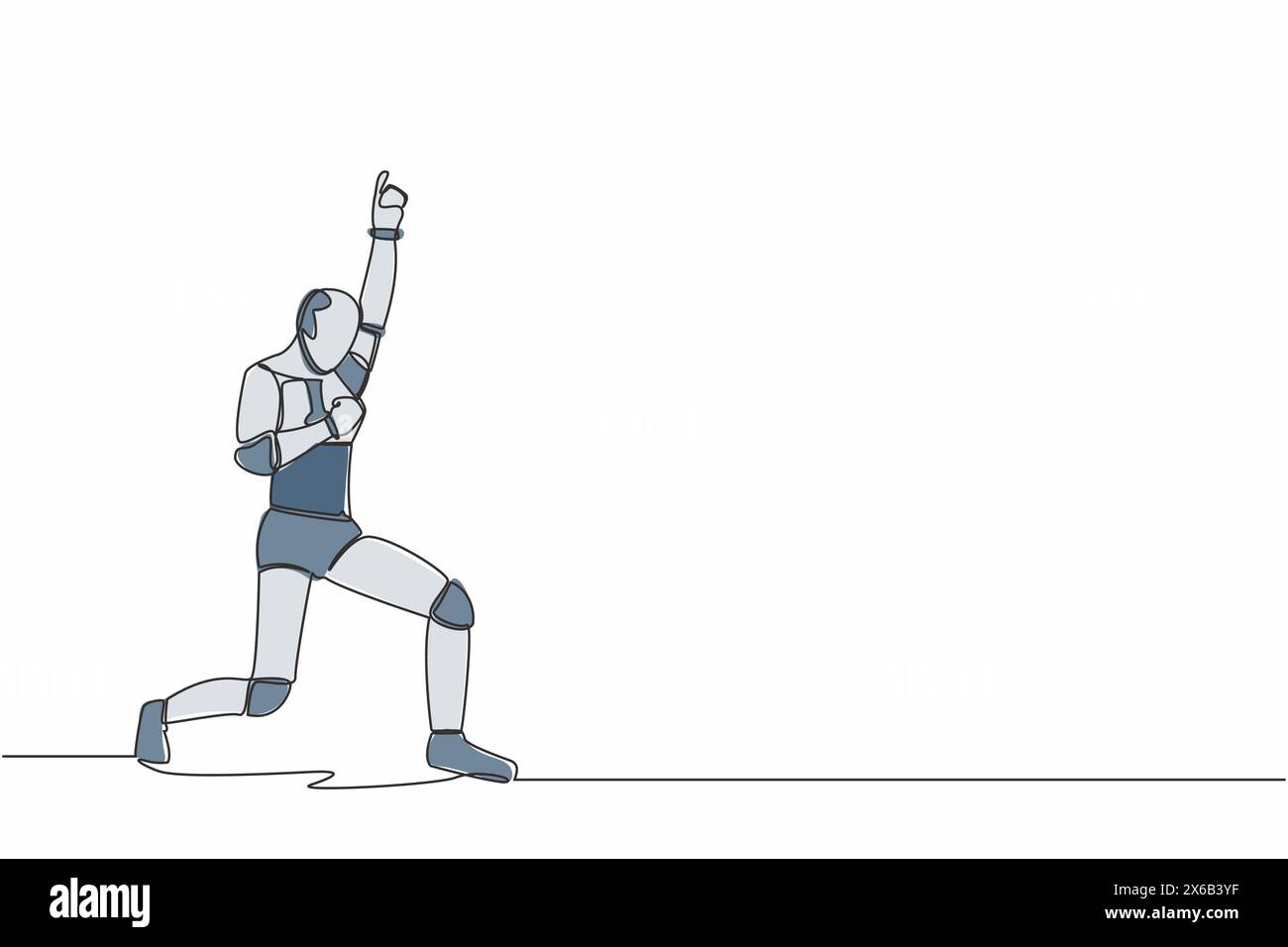 Single Continuous Line Happy Robot Standing With Raise One Hand And The