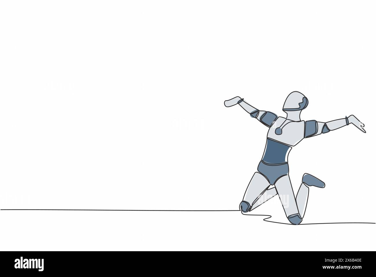 Single continuous line happy robot jumping with raised legs and spread ...