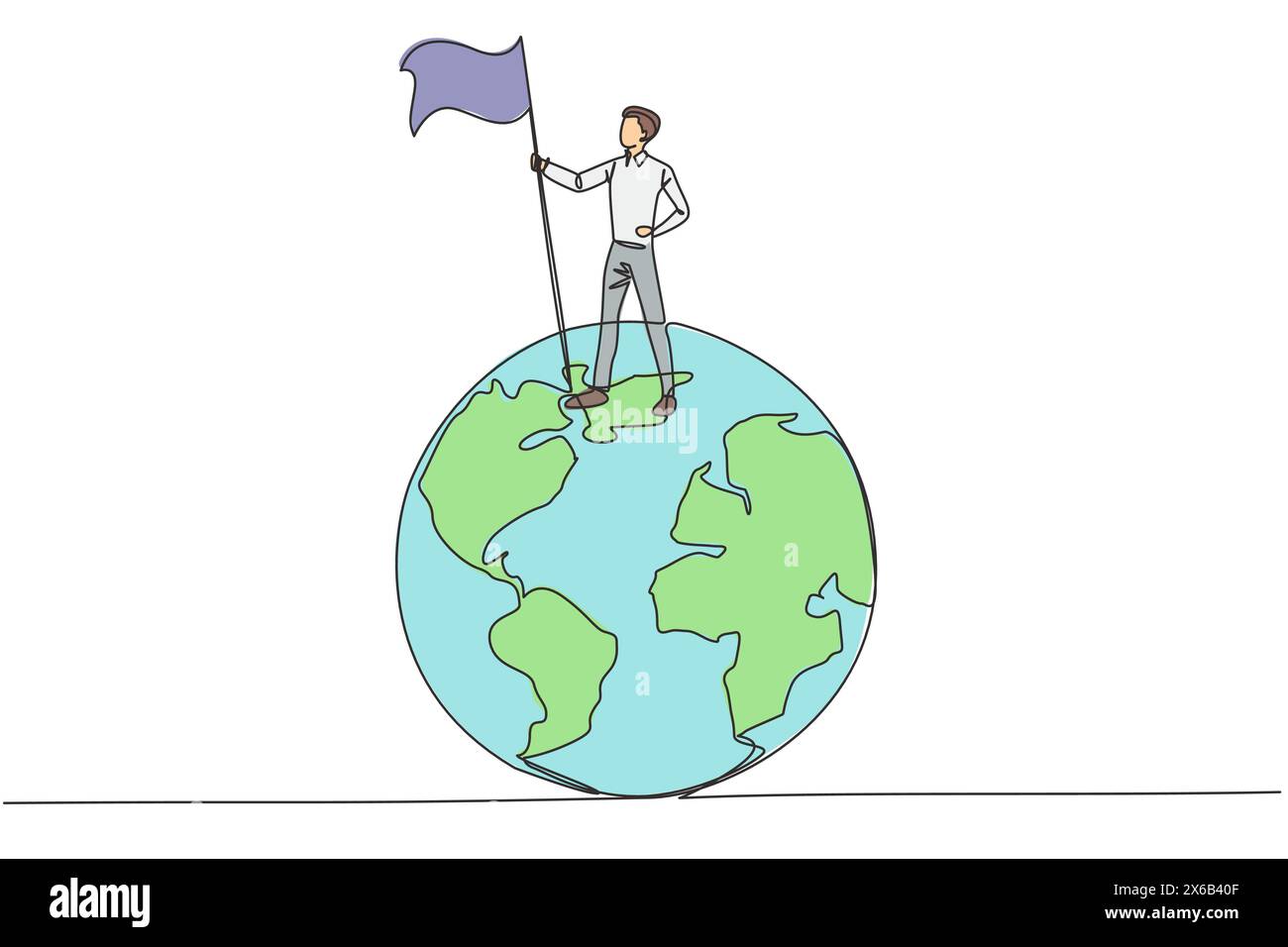 Continuous one line drawing of successful businessman standing on giant ...