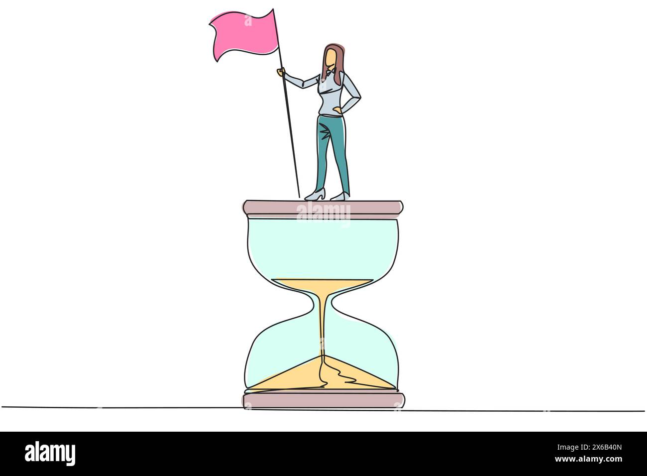 Continuous one line drawing businesswoman standing on giant hourglass ...