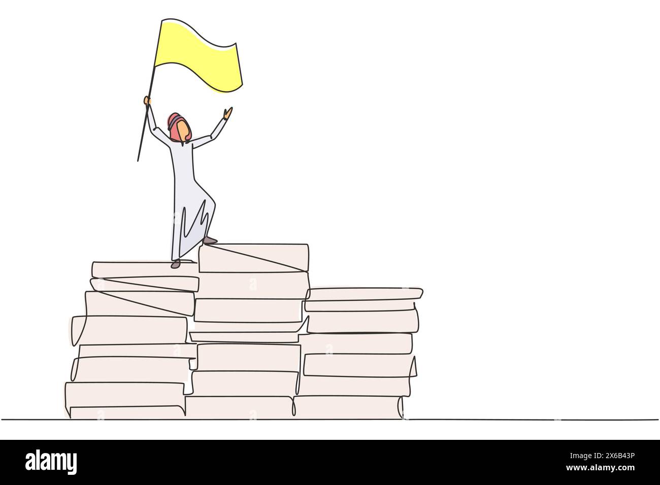 Single one line drawing of Arabian businessman standing on piles of ...