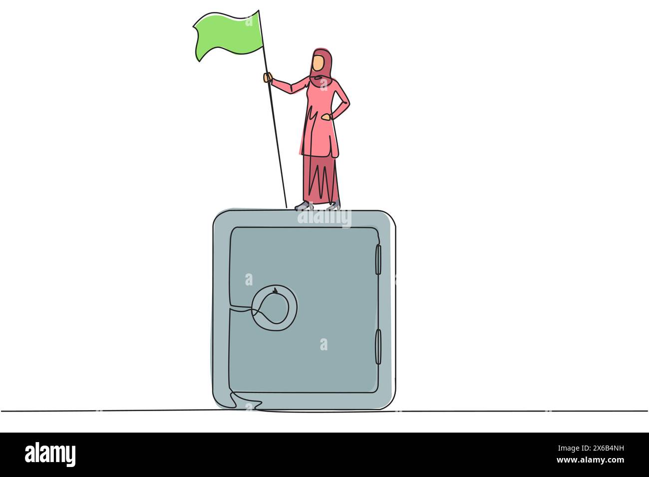 Single continuous line drawing Arabian businesswoman standing on giant ...