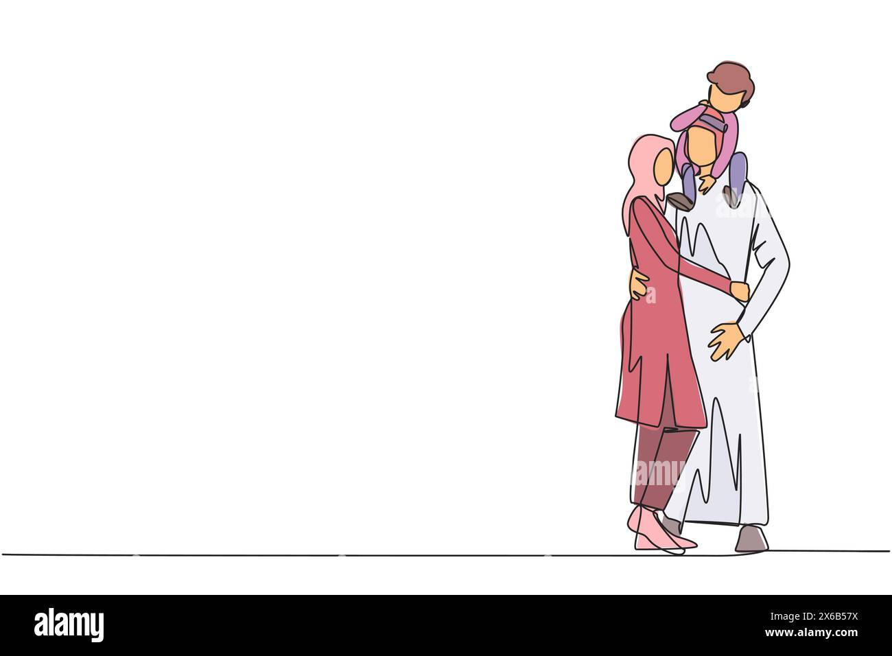 Single Continuous Line Drawing Of Young Arabian Woman Hug Her Handsome