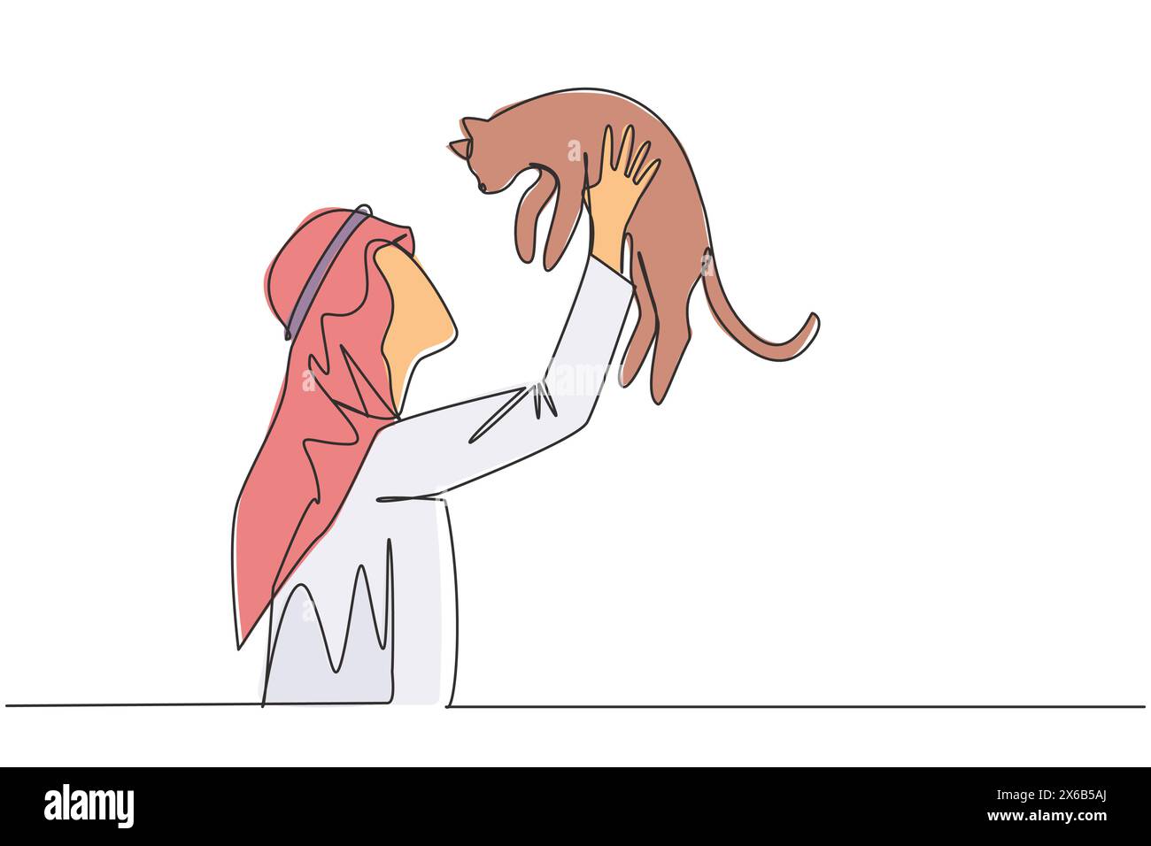 Single continuous line drawing of young Arabian man holding his little ...