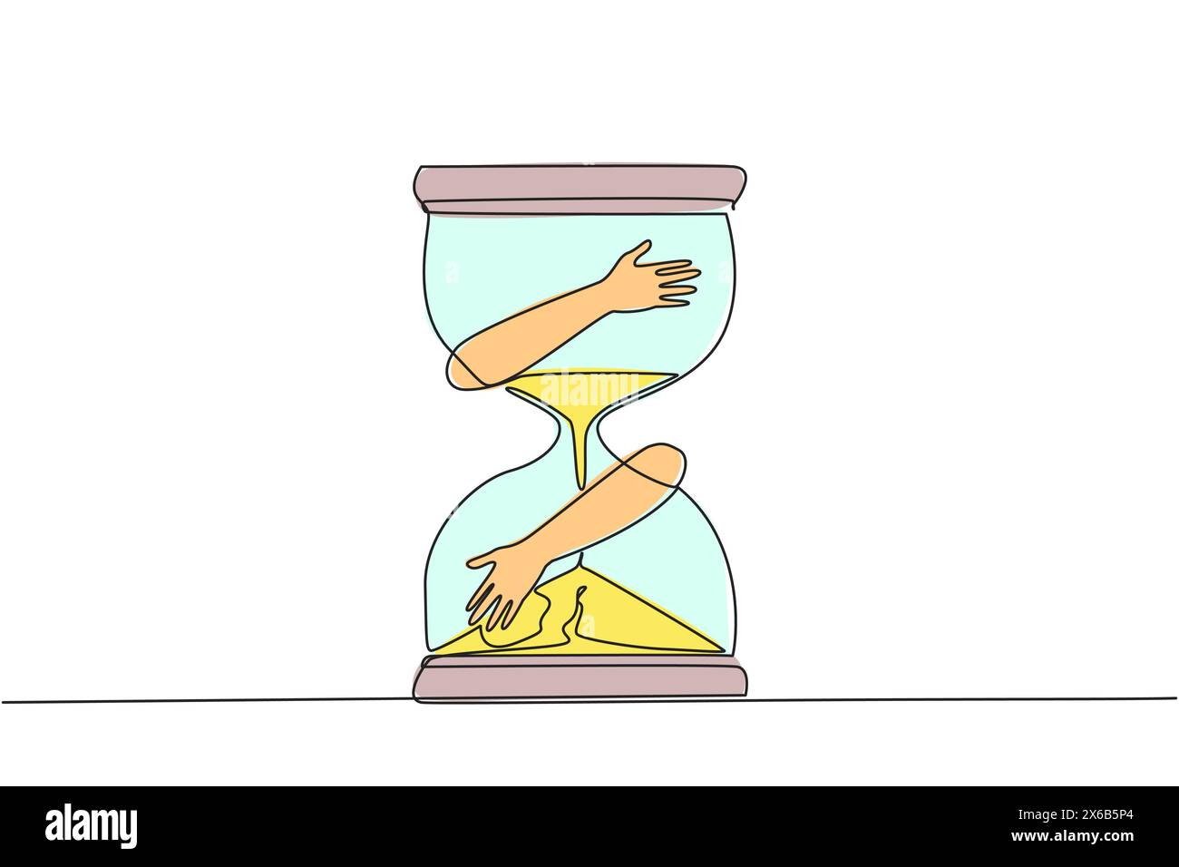 Continuous one line drawing of hands hugging hourglass. No time is ...