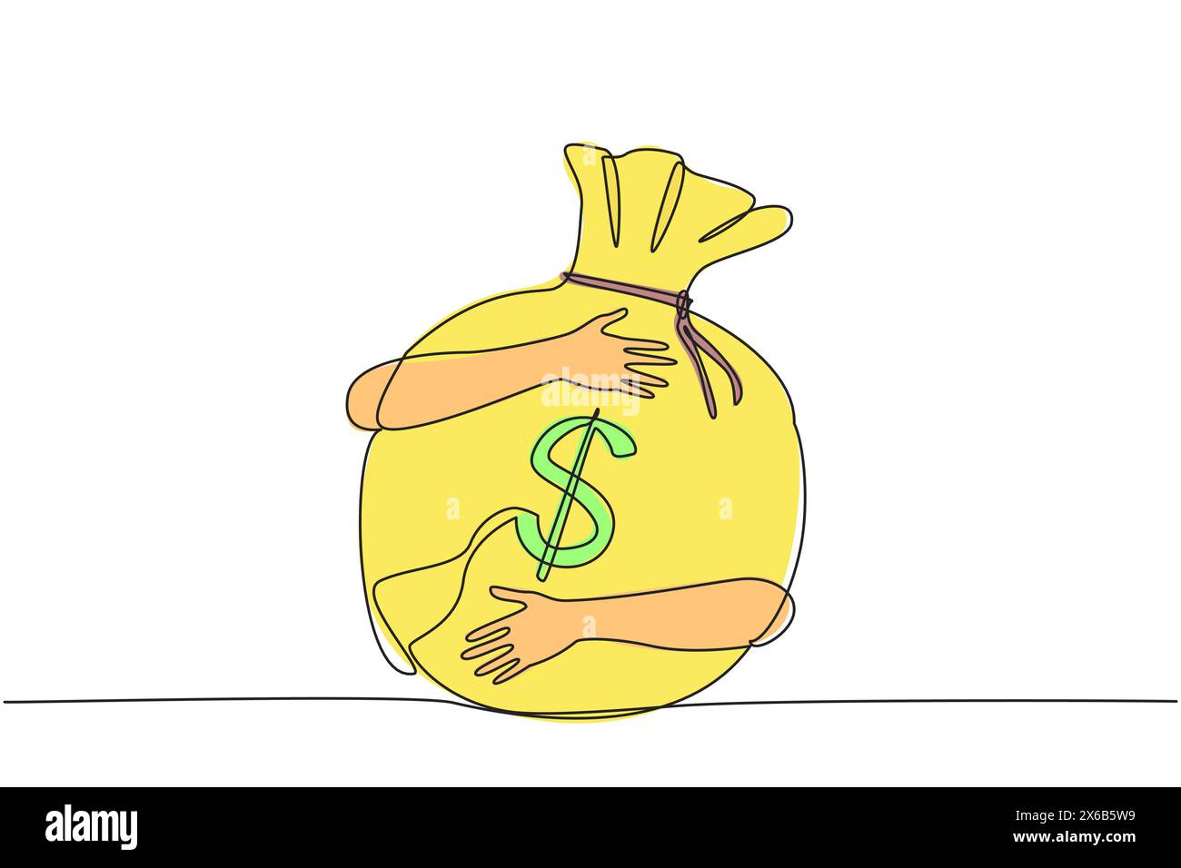 Single continuous line drawing of hands hugging big money bag ...