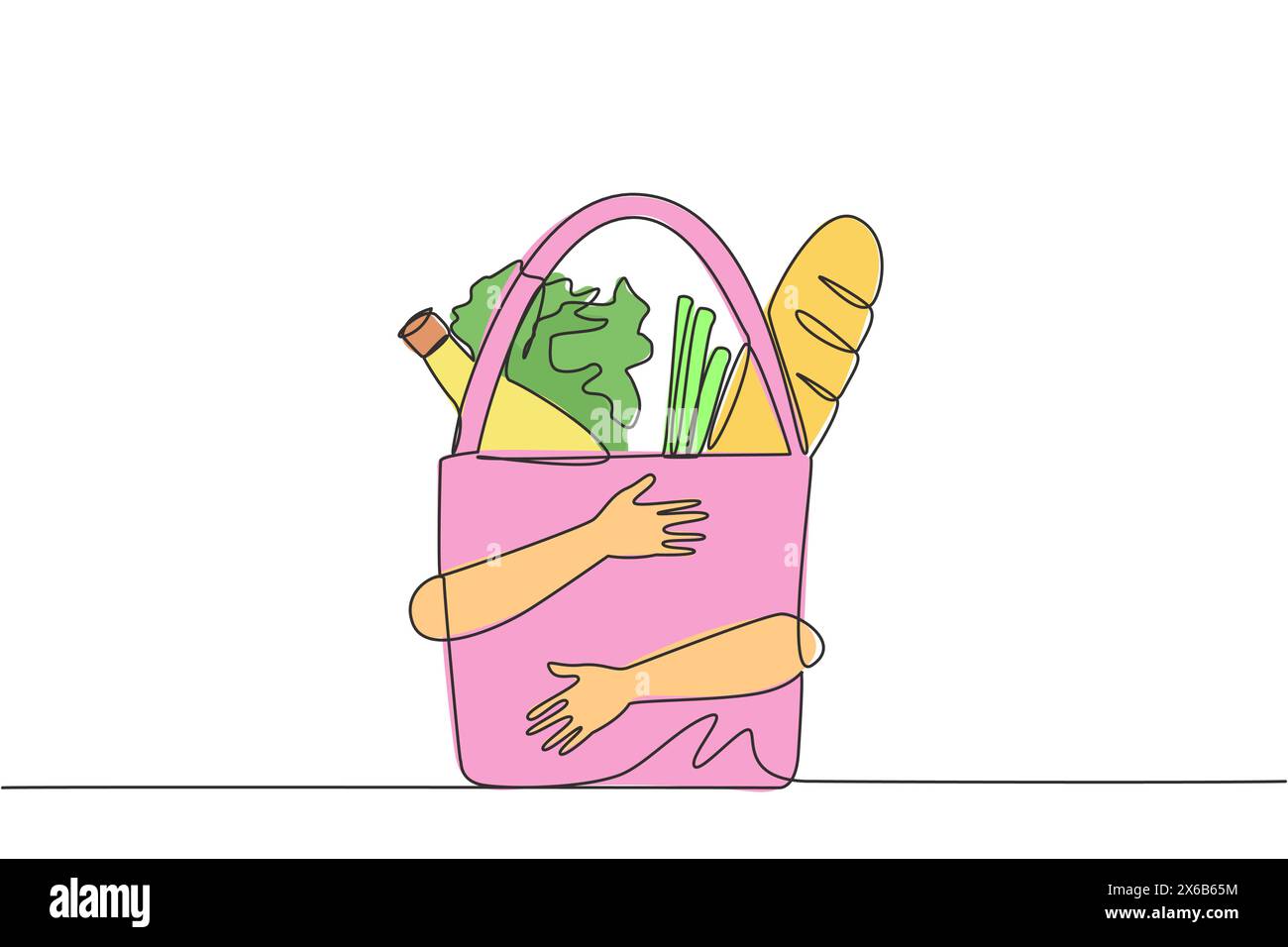 Single continuous line drawing hands hugging grocery paper bags with ...