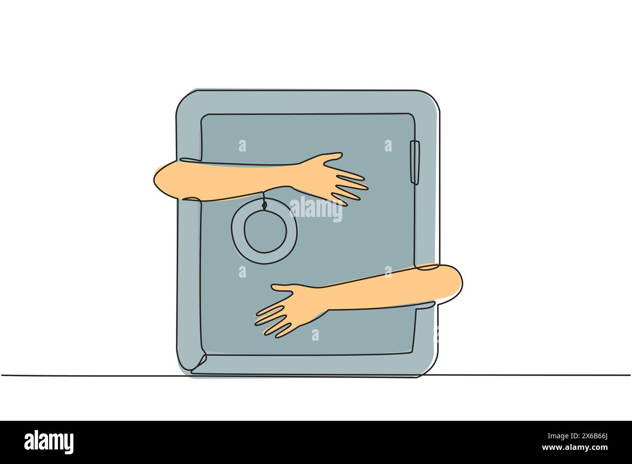 Continuous one line drawing of hands hugging safe deposit box. A ...