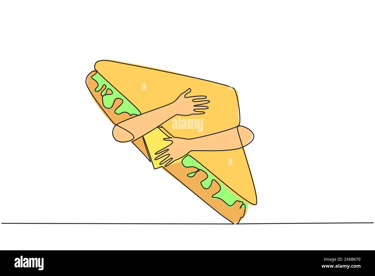 Continuous one line drawing of hands hugging sandwich. Two slices of ... Continuous one line drawing of hands hugging sandwich. Two slices of ...