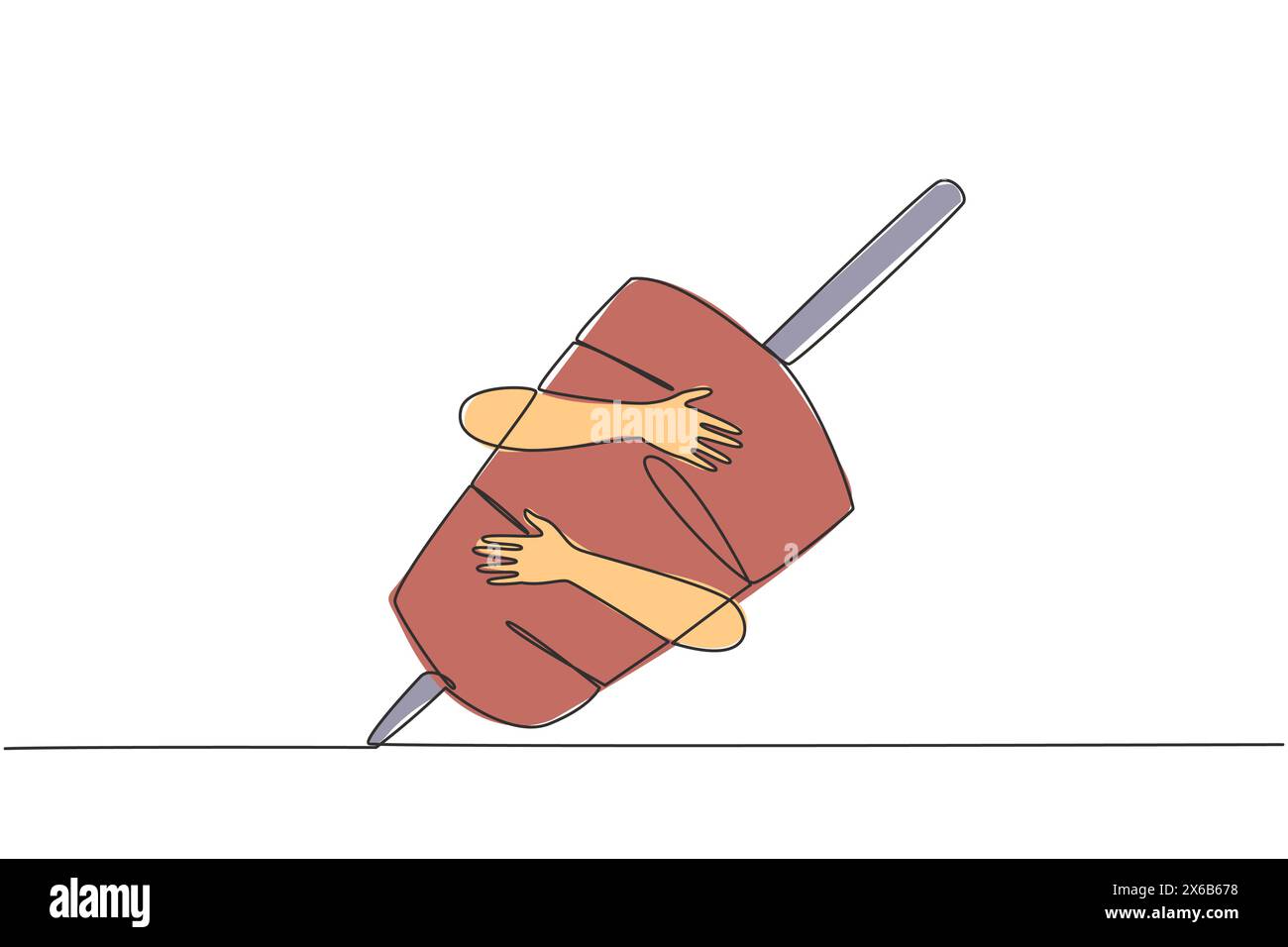 Continuous one line drawing of hands hugging kebab. Grilled meat dishes ...