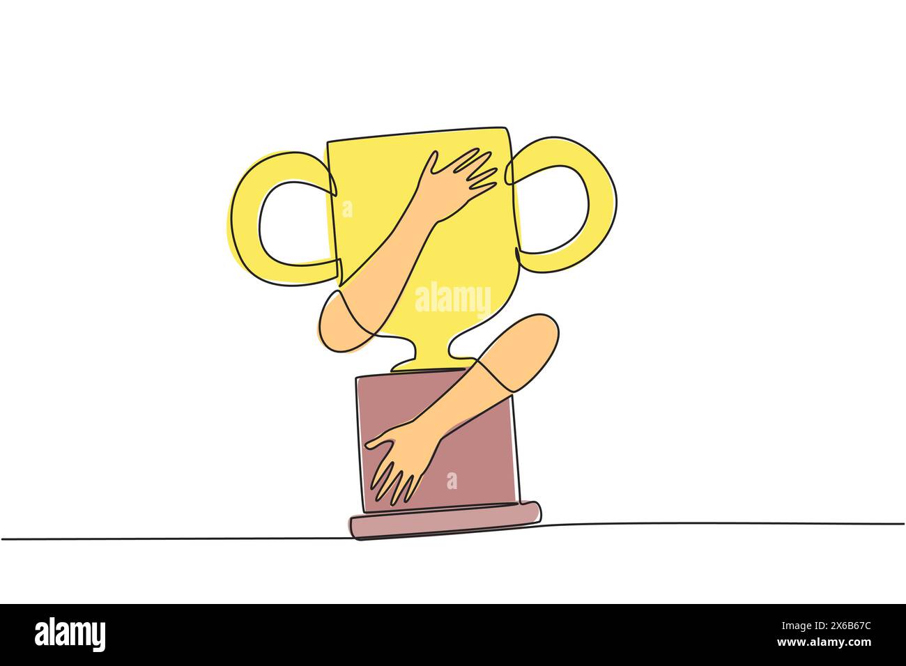 Single one line drawing of hands hugging trophy. Grasp the victory ...