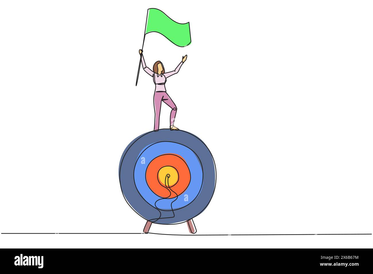 Continuous one line drawing of young businesswoman standing on giant ...