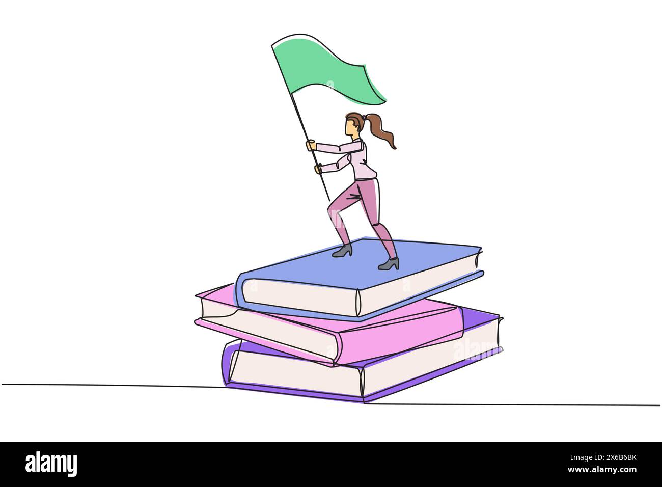 Single one line drawing of businesswoman standing on stacks of giant ...