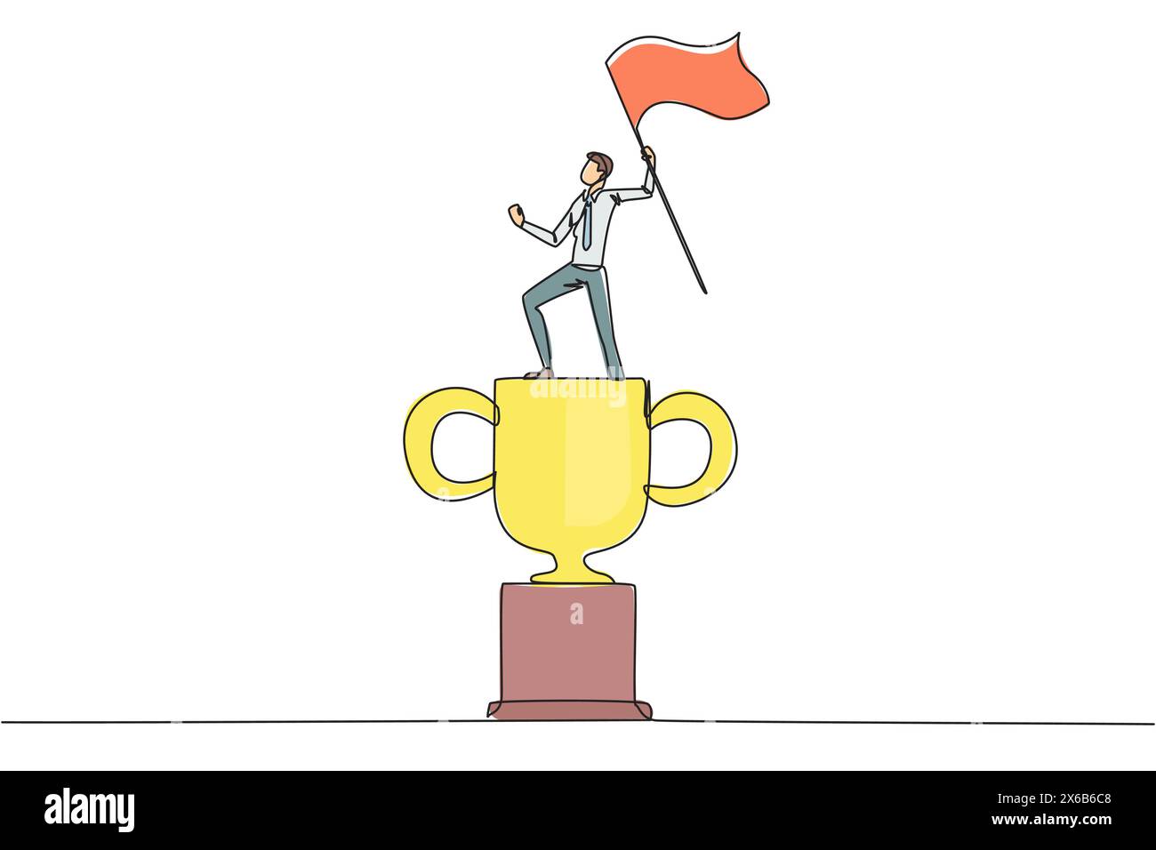 Single continuous line drawing young businessman standing on giant ...