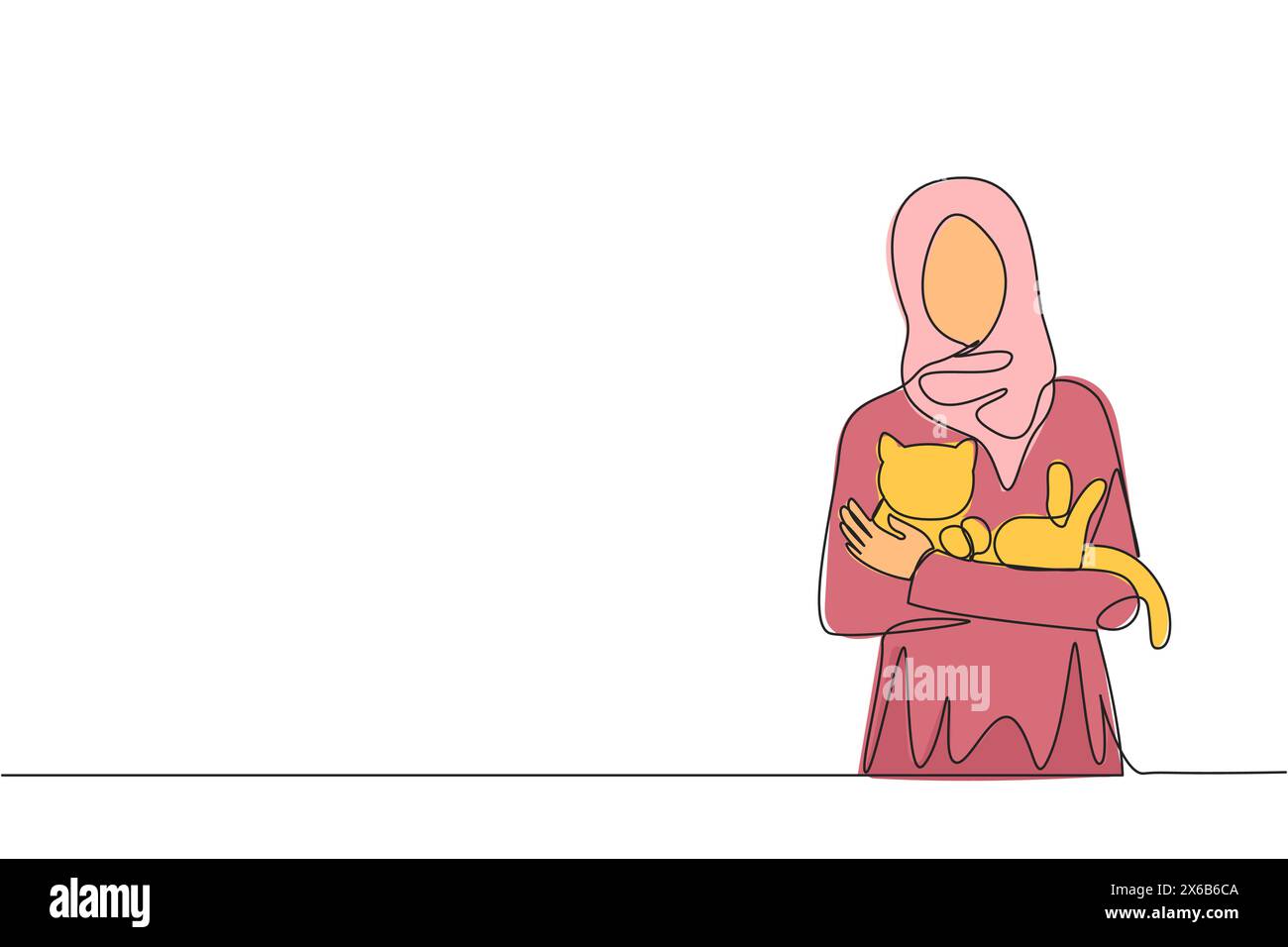 Continuous one line drawing of young Arabian woman holding a cuddle ...
