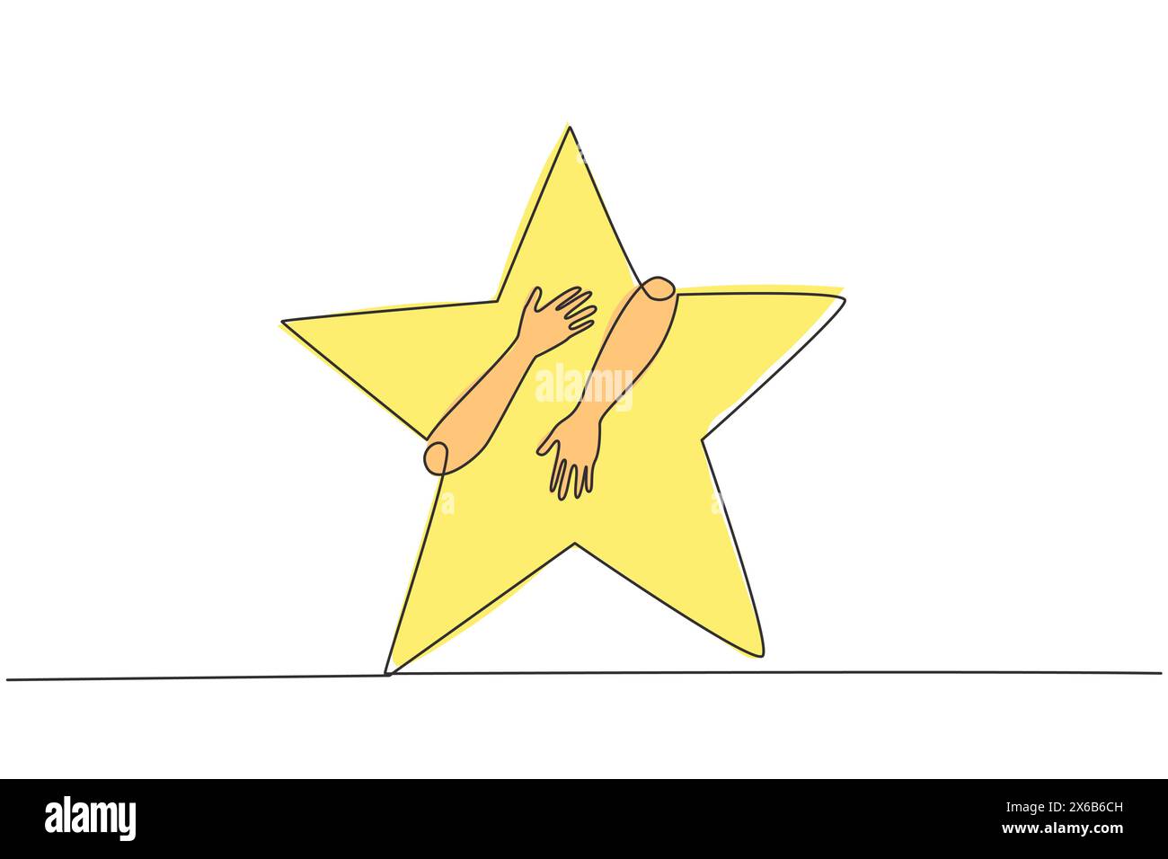 Continuous one line drawing of hands hugging five pointed star ...