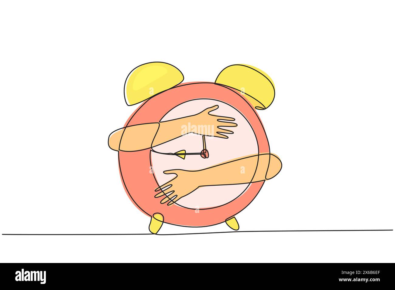 Single one line drawing of hands hugging alarm clock. Business ...