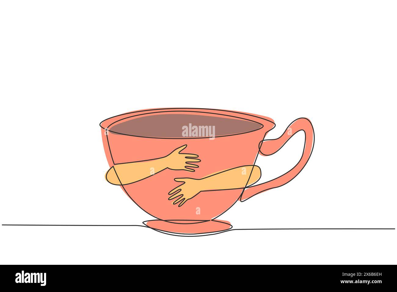 Continuous one line drawing of human hands hugging hue tea cup. A glass ...