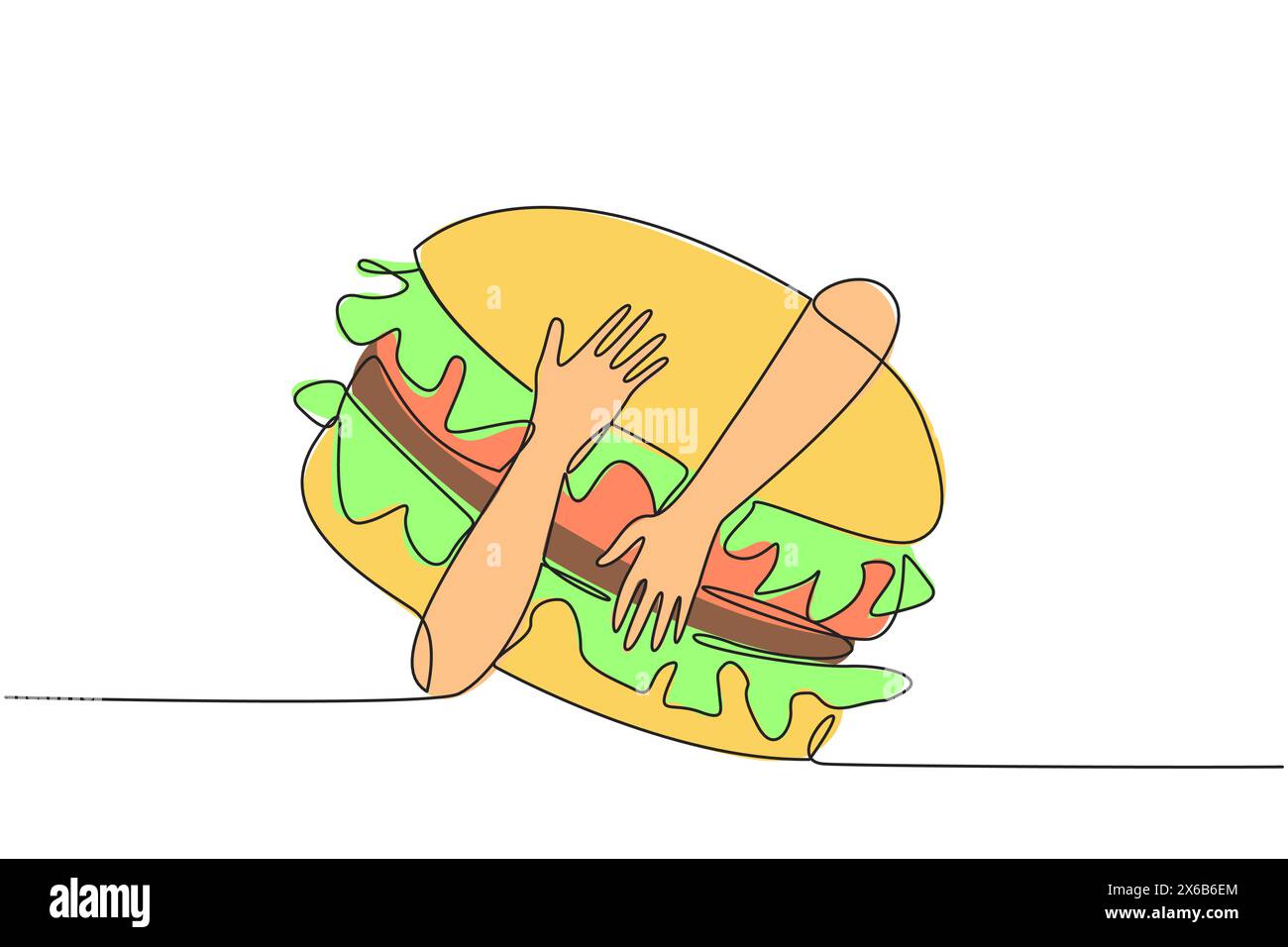 Single one line drawing of hands hugging burger. Food in the form of a ...