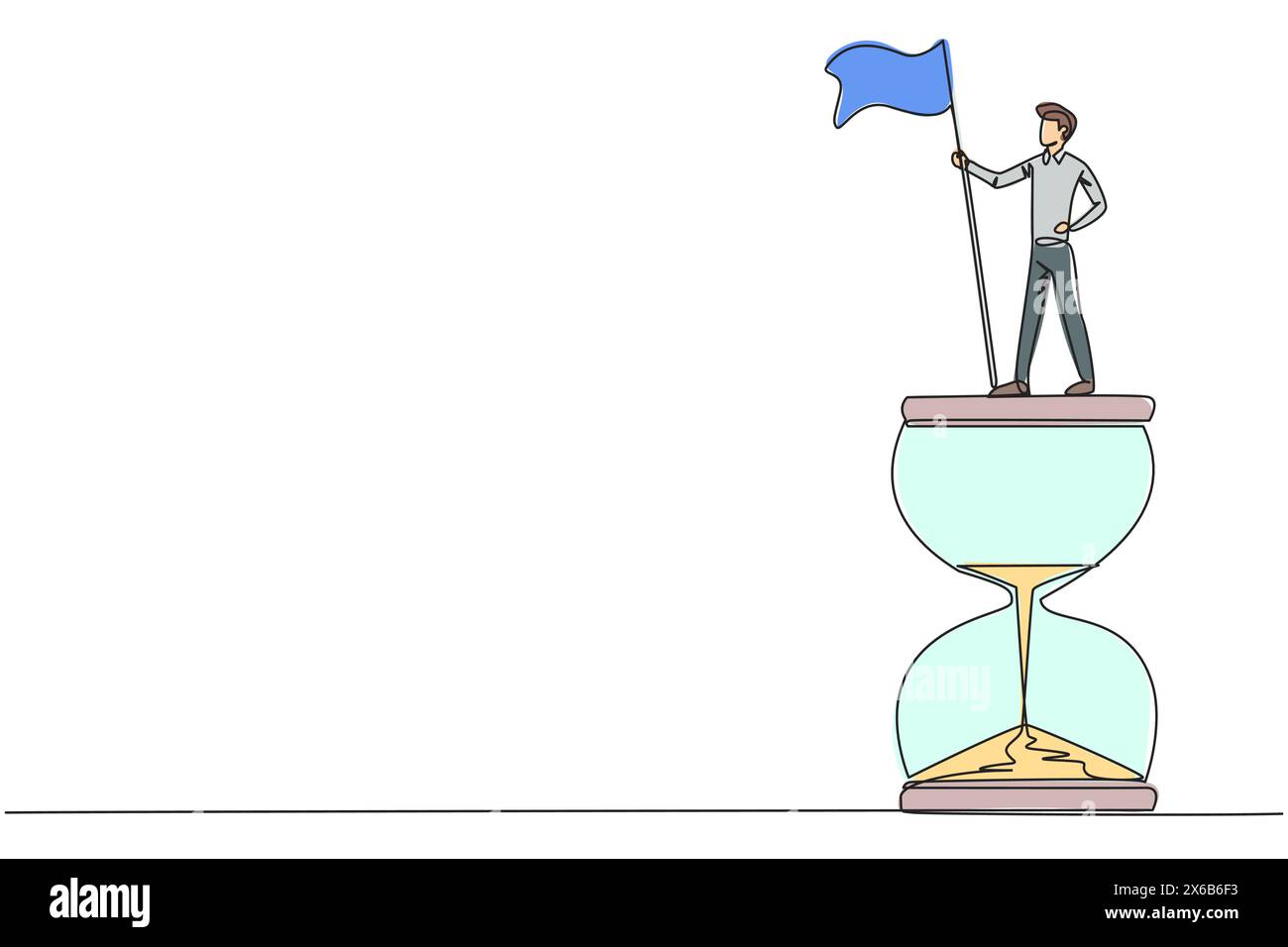 Single continuous line drawing young businessman standing on giant ...