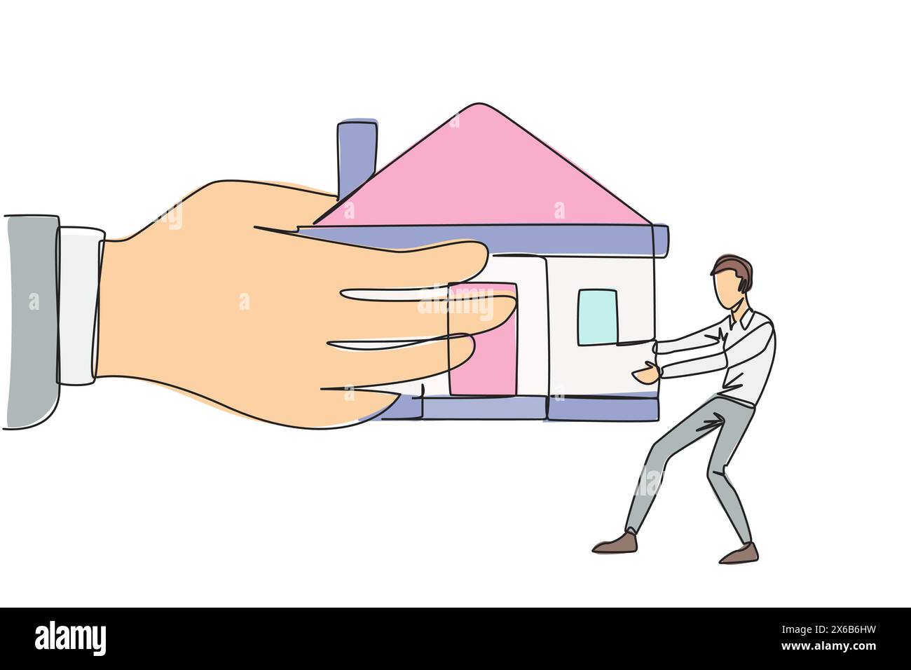 Continuous one line drawing young businessman pulling miniature house ...