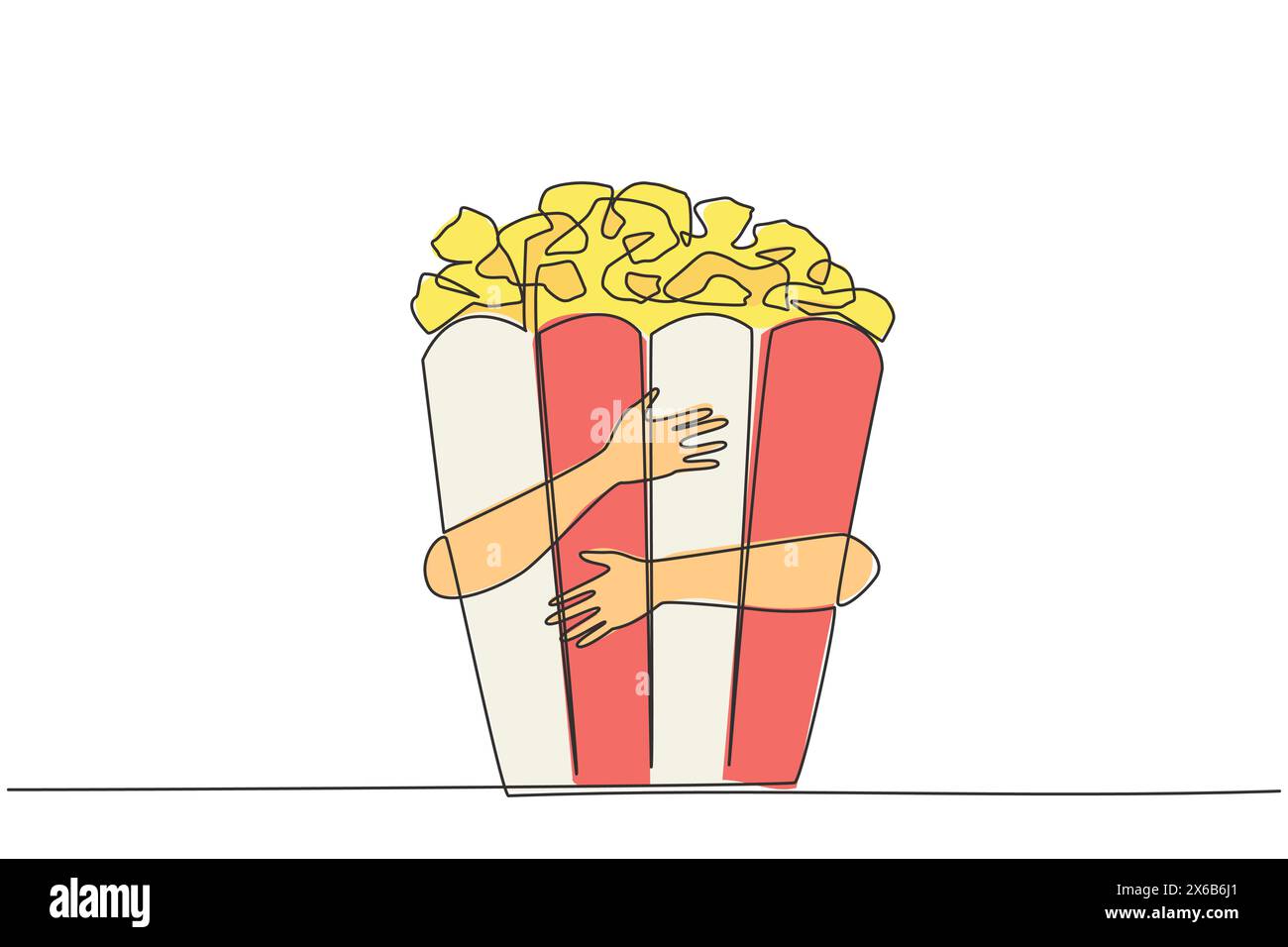 Continuous one line drawing of hand hugging popcorn. Movie time ...